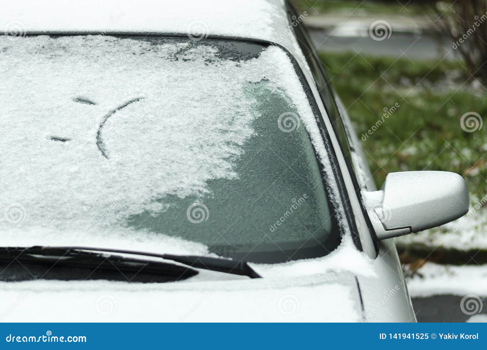 Sad Smile on the Car Window in Winter. First Snow. Stock Image - Image ...