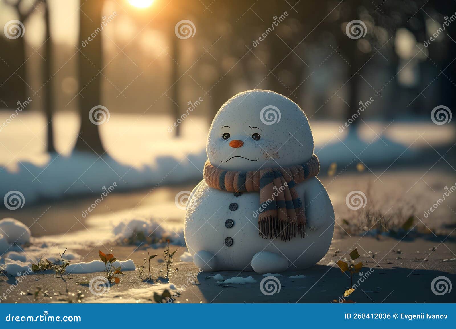 Sad Snowman Melts in Park with Arrival of Spring. Snowman in the Rays ...
