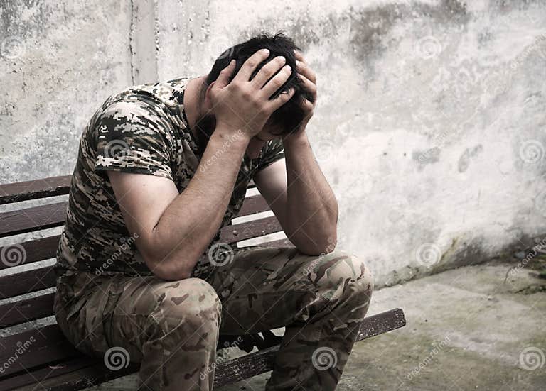 Sad Soldier Sits on the Bench Stock Image - Image of camouflage ...