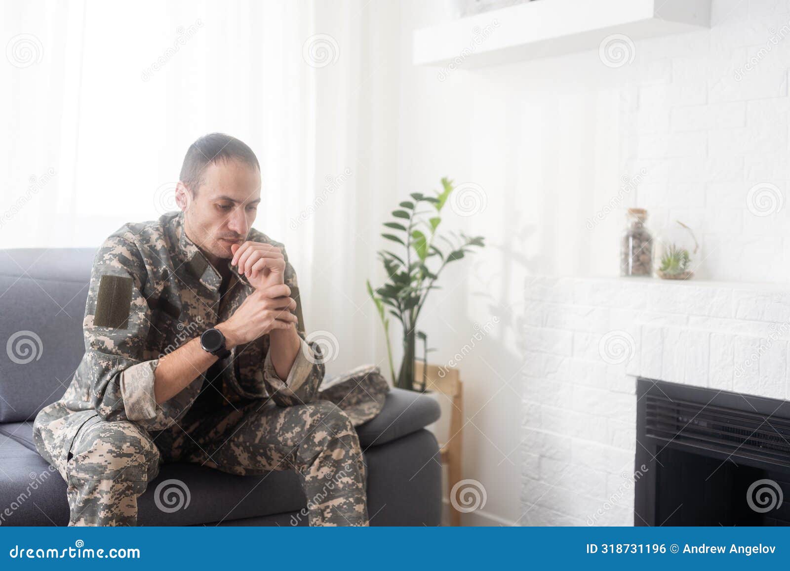 Sad Soldier in Uniform Praying and Sitting Stock Photo - Image of ...