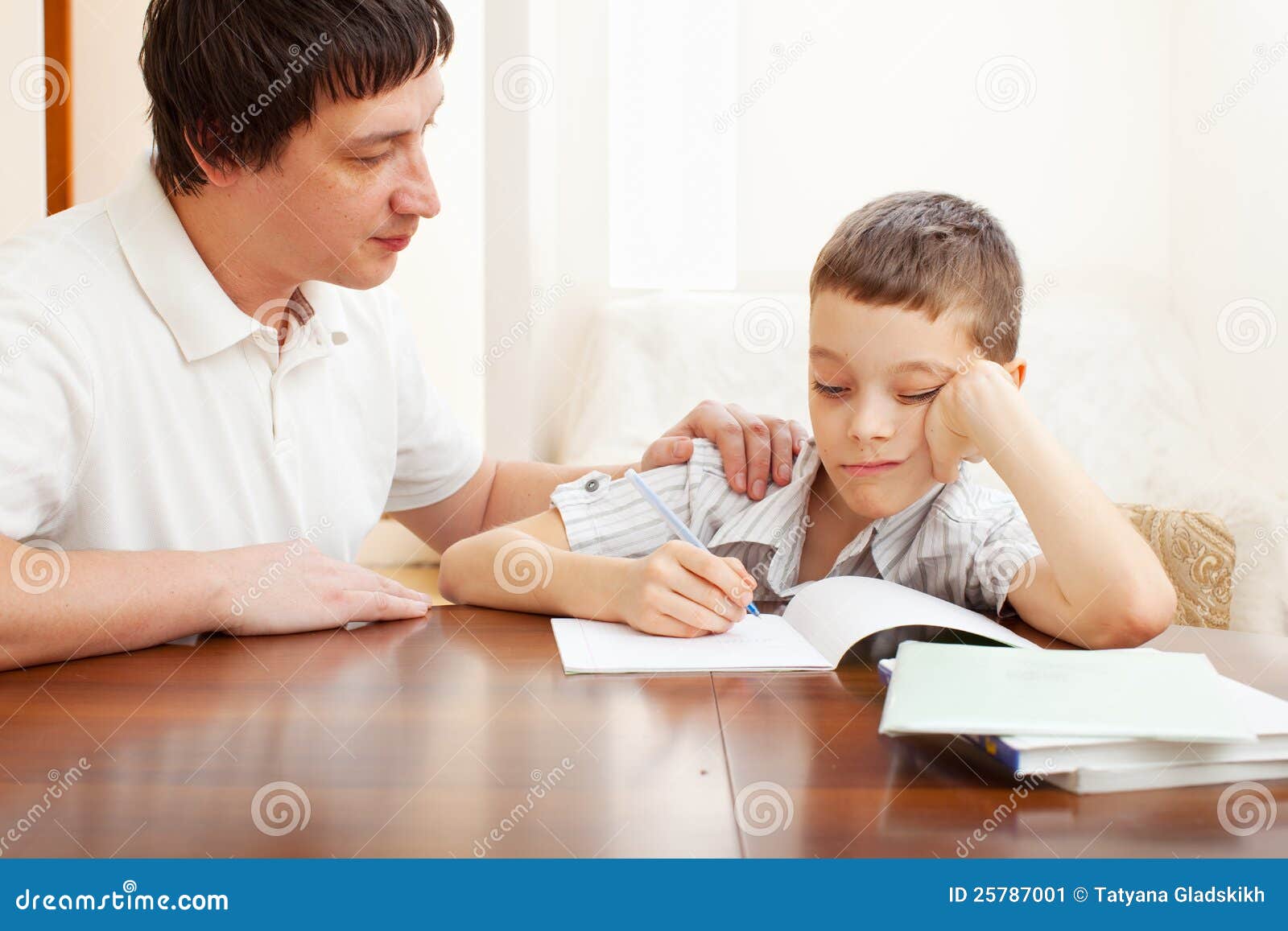 Sad son do homework stock image. Image of white, helping - 25787001