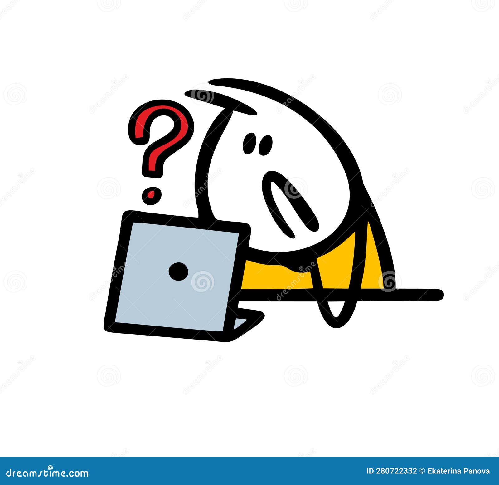 Sad Stick Figure Man Sitting at the Table and Waching Video in Internet ...