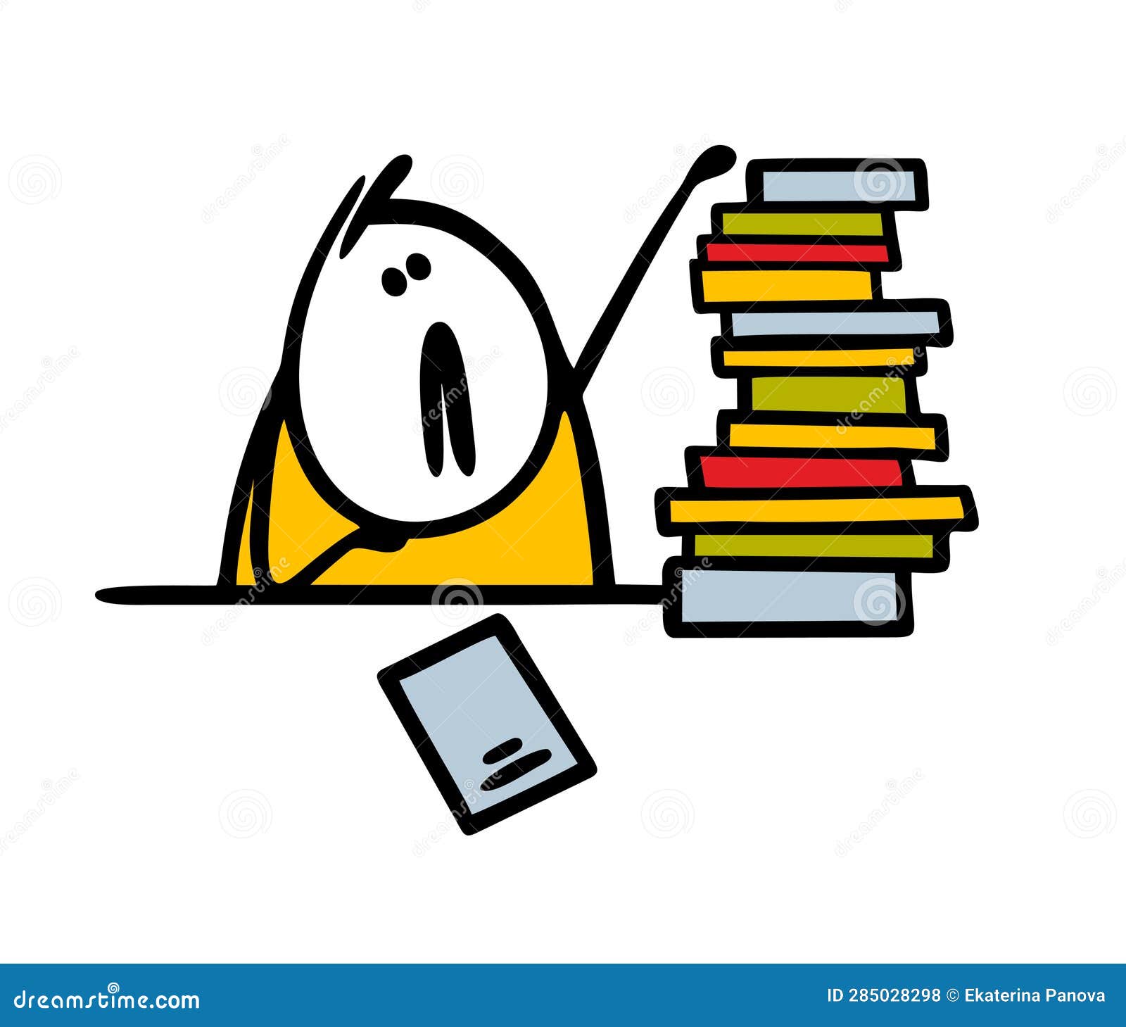 Sad Stickman Student Reaches for the Top Book in the Stack. Vector ...