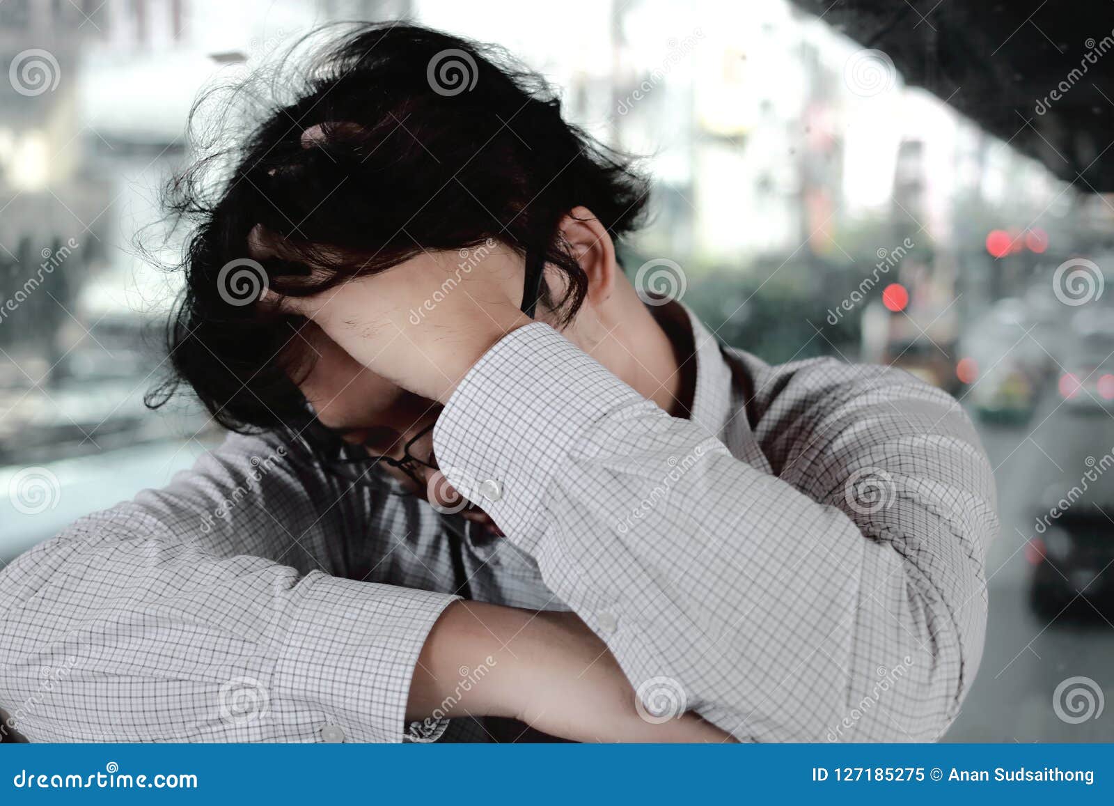 Sad Stressed Young Asian Business Man Touching Forehead with Hands ...