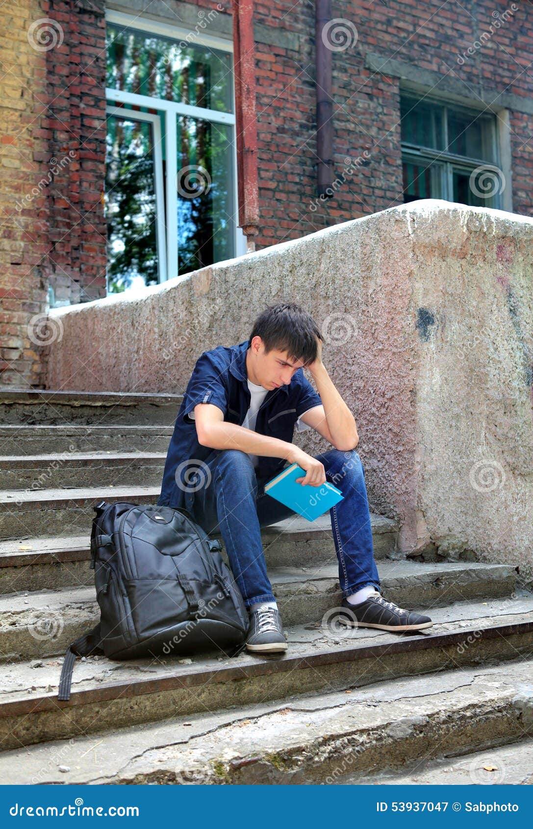 Sad Student with the Book Outdoor Stock Image - Image of house, expel ...