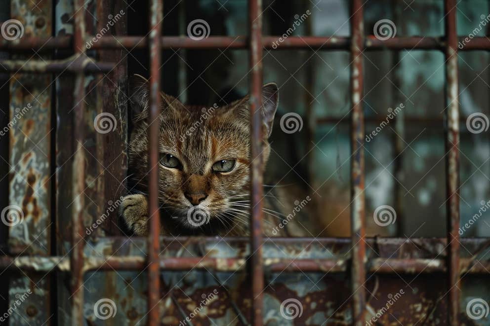 Sad Cat Looking through Bars of Rusty Cage Stock Photo - Image of moody ...