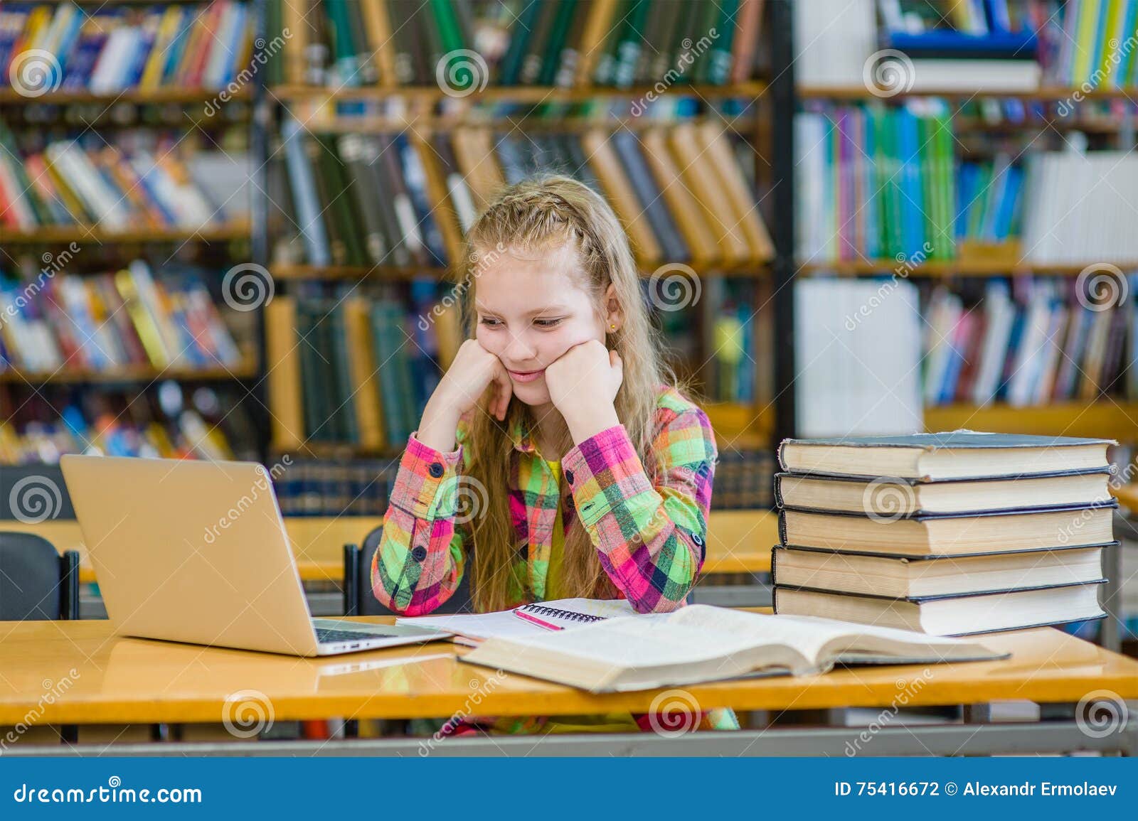 Sad Teen Girl in the Library Stock Photo - Image of person, laptop ...