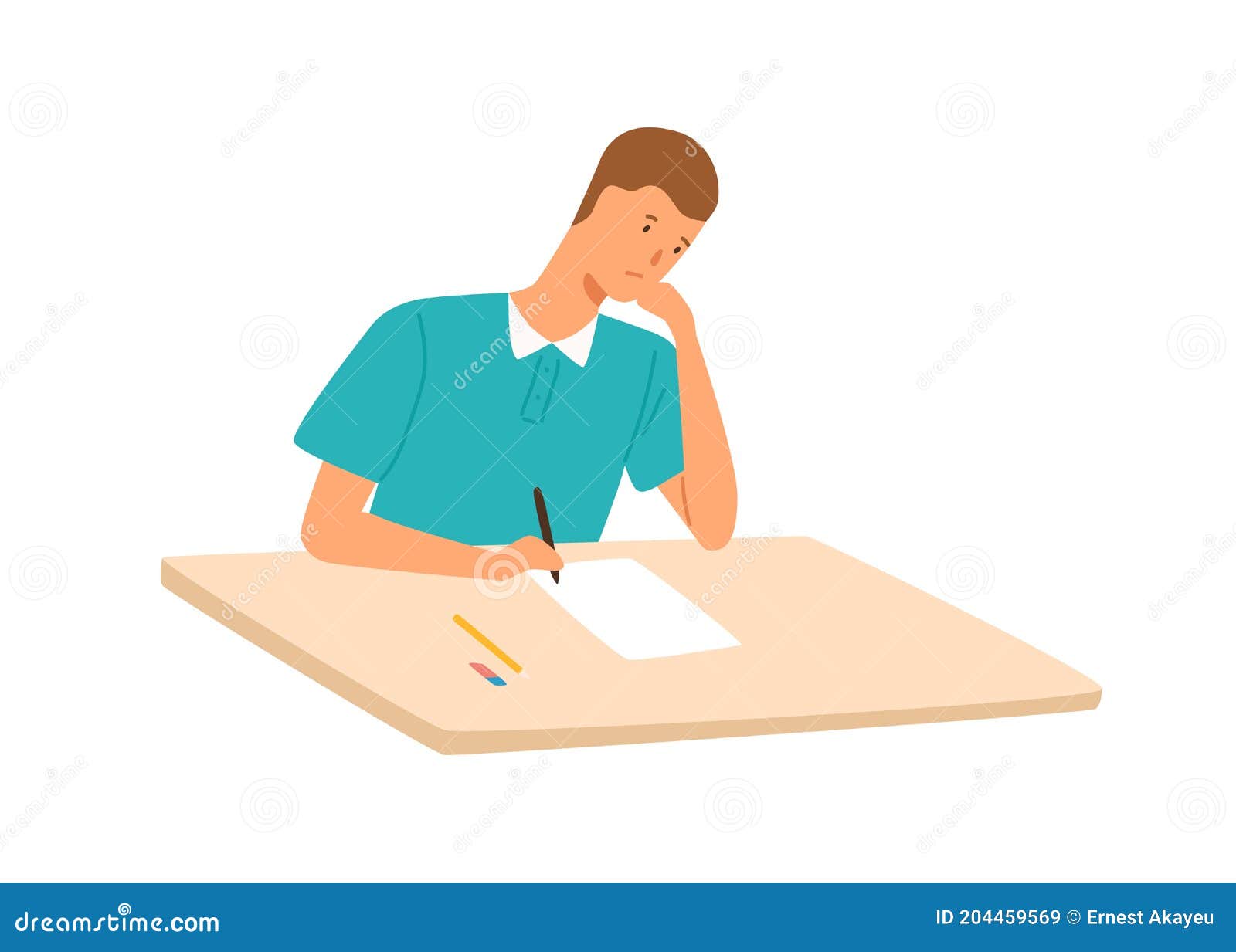 Sad Teenage Student Having Exam or Writing Test at the Table. Scene of ...