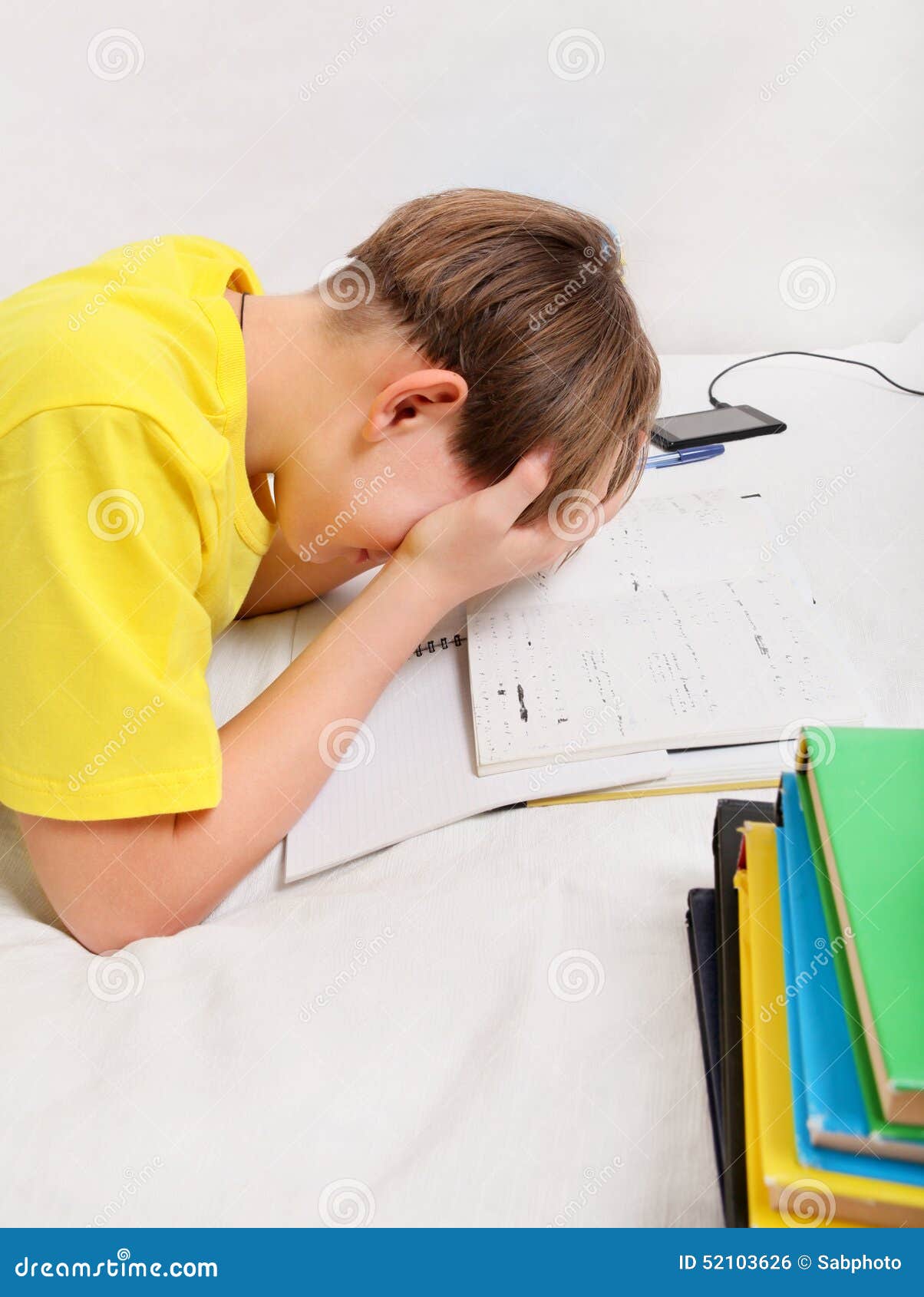 Sad Teenager Doing Homework Stock Photo - Image of sleeper, sleepy ...