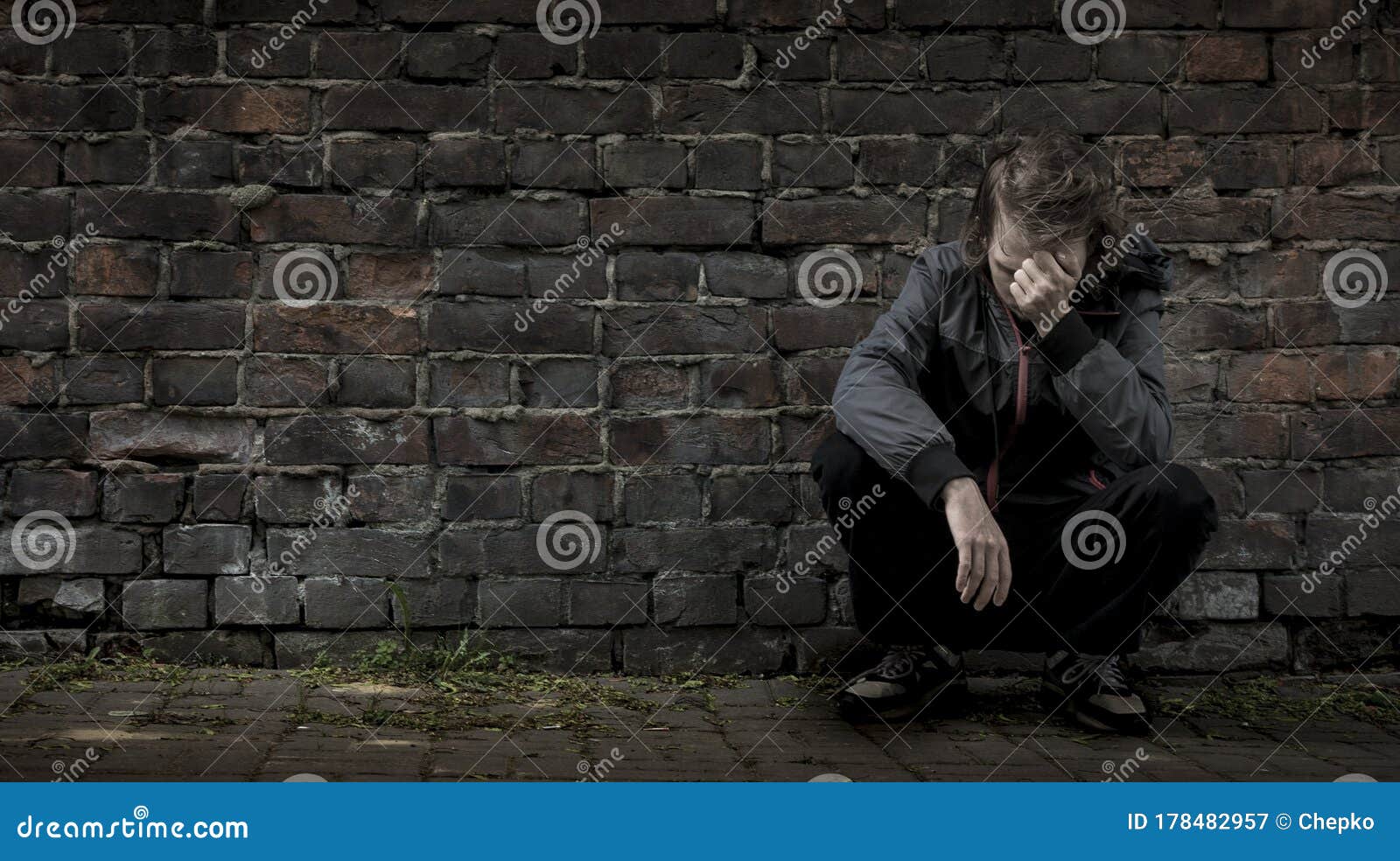 Sad Teenager Sit Near the Brick Wall Stock Image - Image of sorrow ...