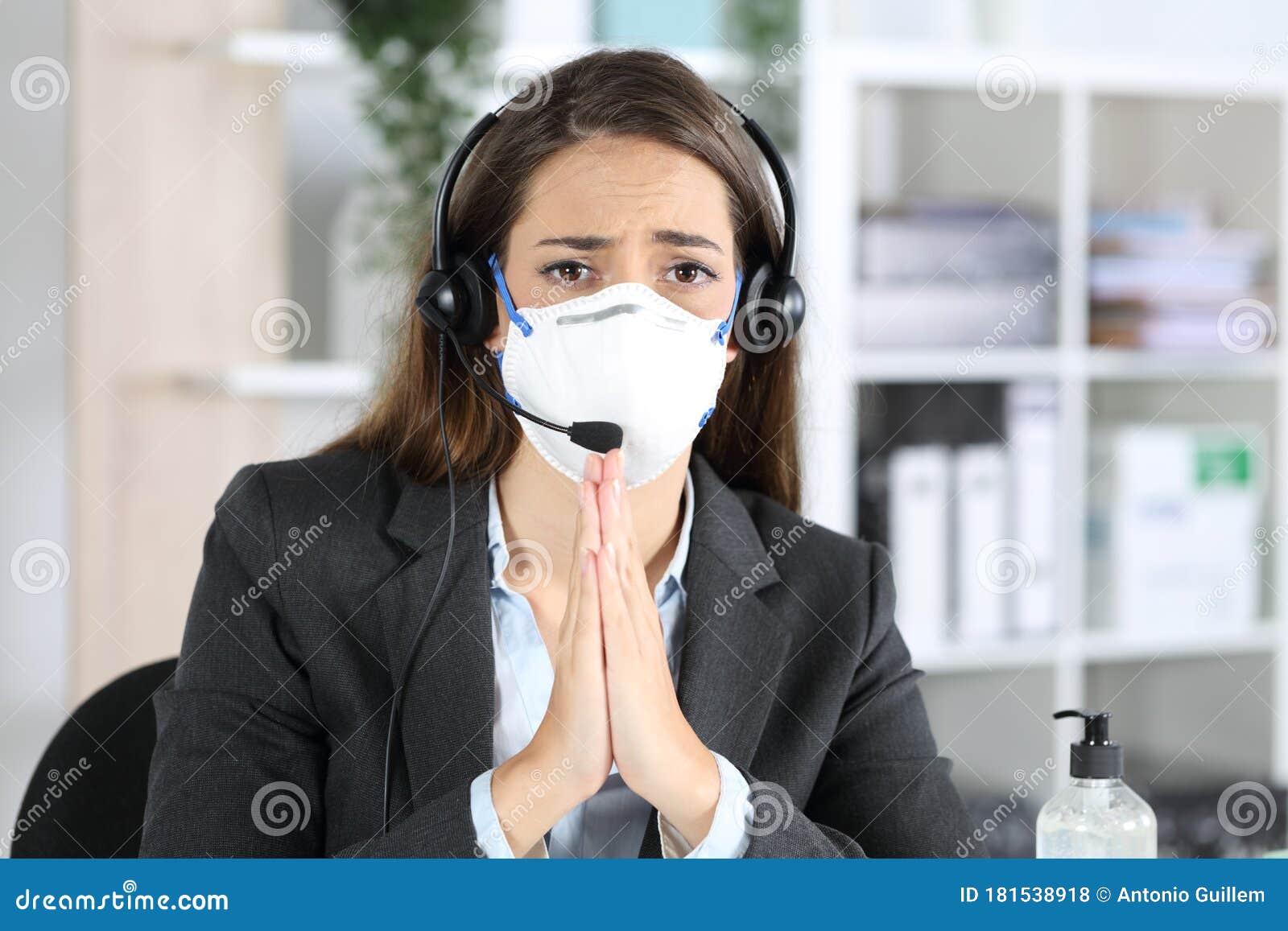 Sad Telemarketer Avoiding Covid-19 Begging at Office Stock Photo ...