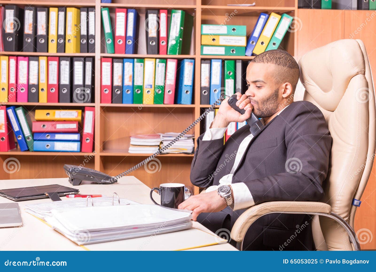Sad Thinking Man in the Office with Handset Stock Image - Image of ...