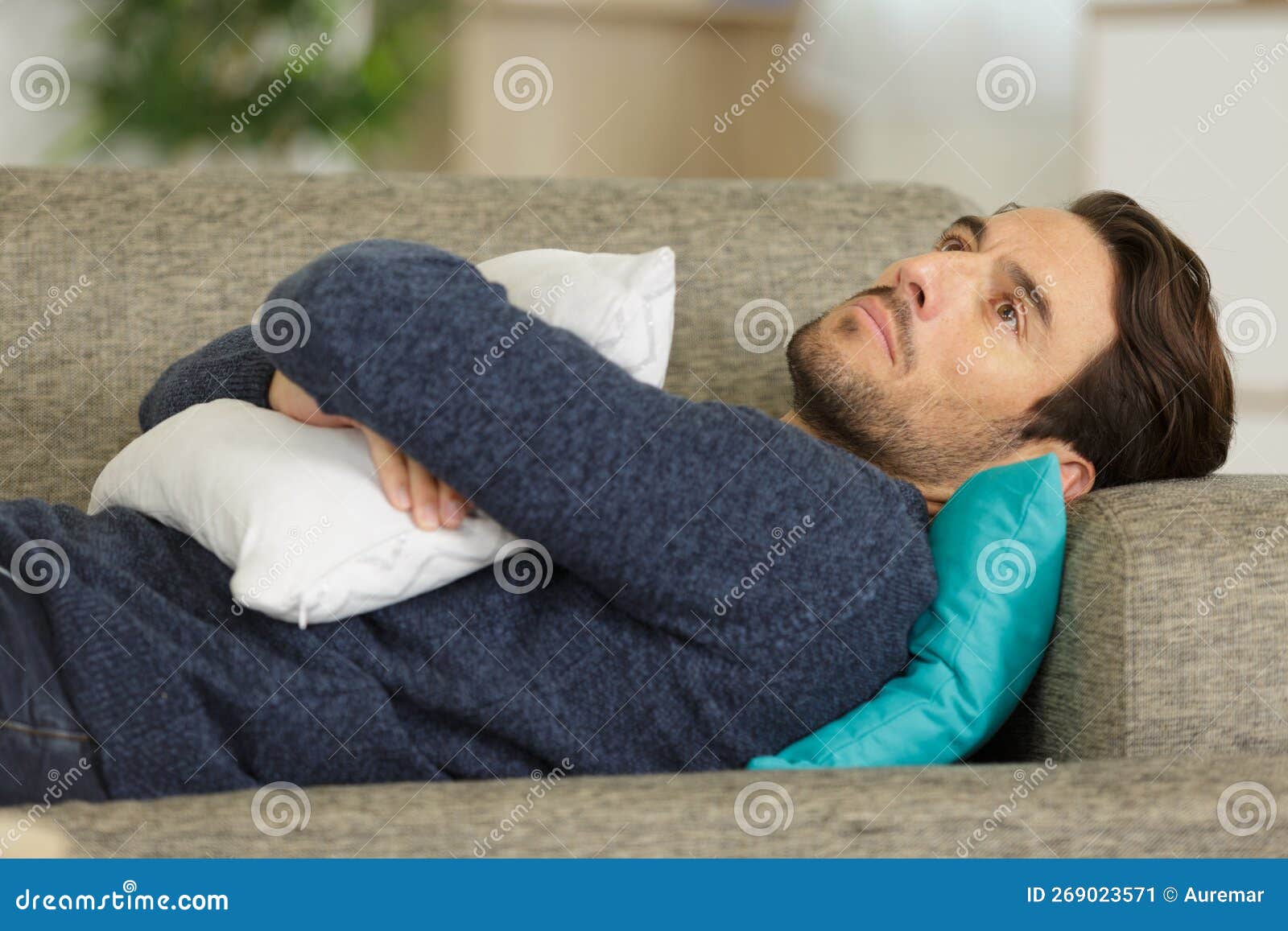 Sad Thoughtful Handsome Man Hugging Pillow Stock Image - Image of ...