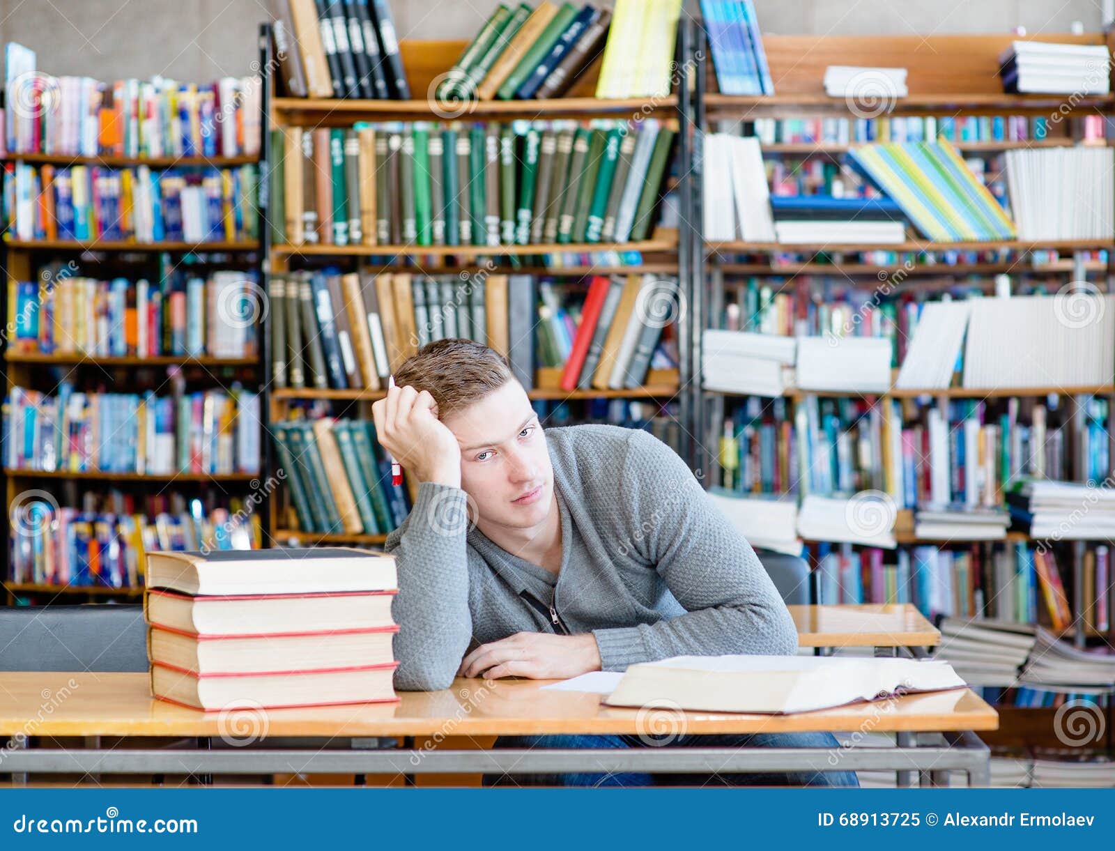 Sad and Tired Male Student N Library Stock Image - Image of science ...