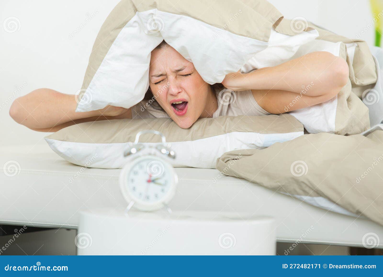 Sad tired woman waking up stock image. Image of inside - 272482171