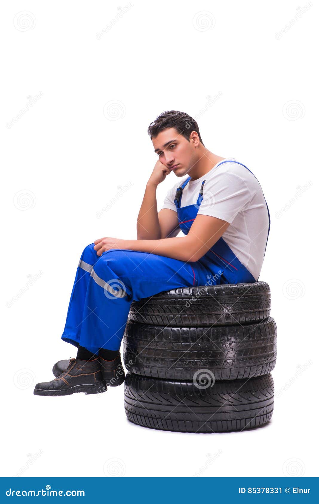The Sad Tyre Repairman Isolated on White Stock Image - Image of ...