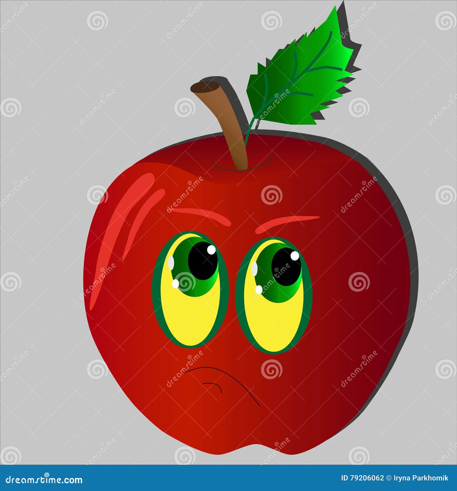 Sad, Unhappy Red Apple with Stalk and Green Leaf Stock Illustration ...