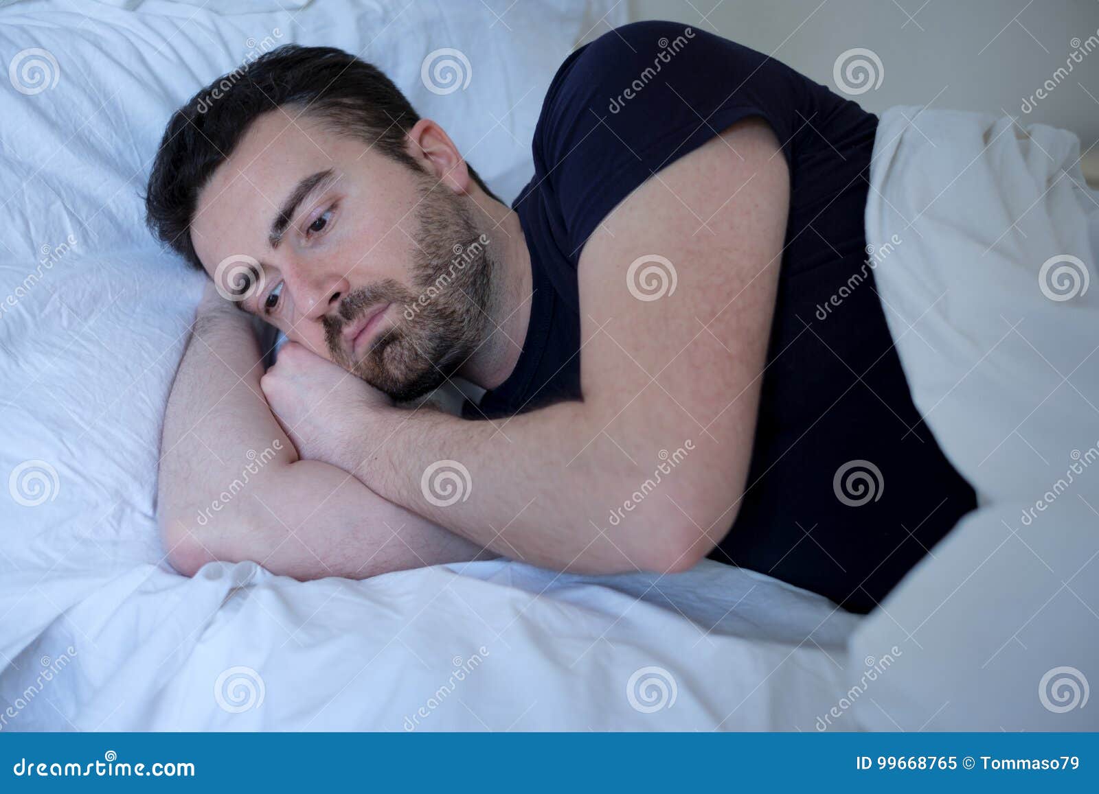 Sad and Upset Man Trying To Sleep in Bed Stock Image - Image of gloomy ...