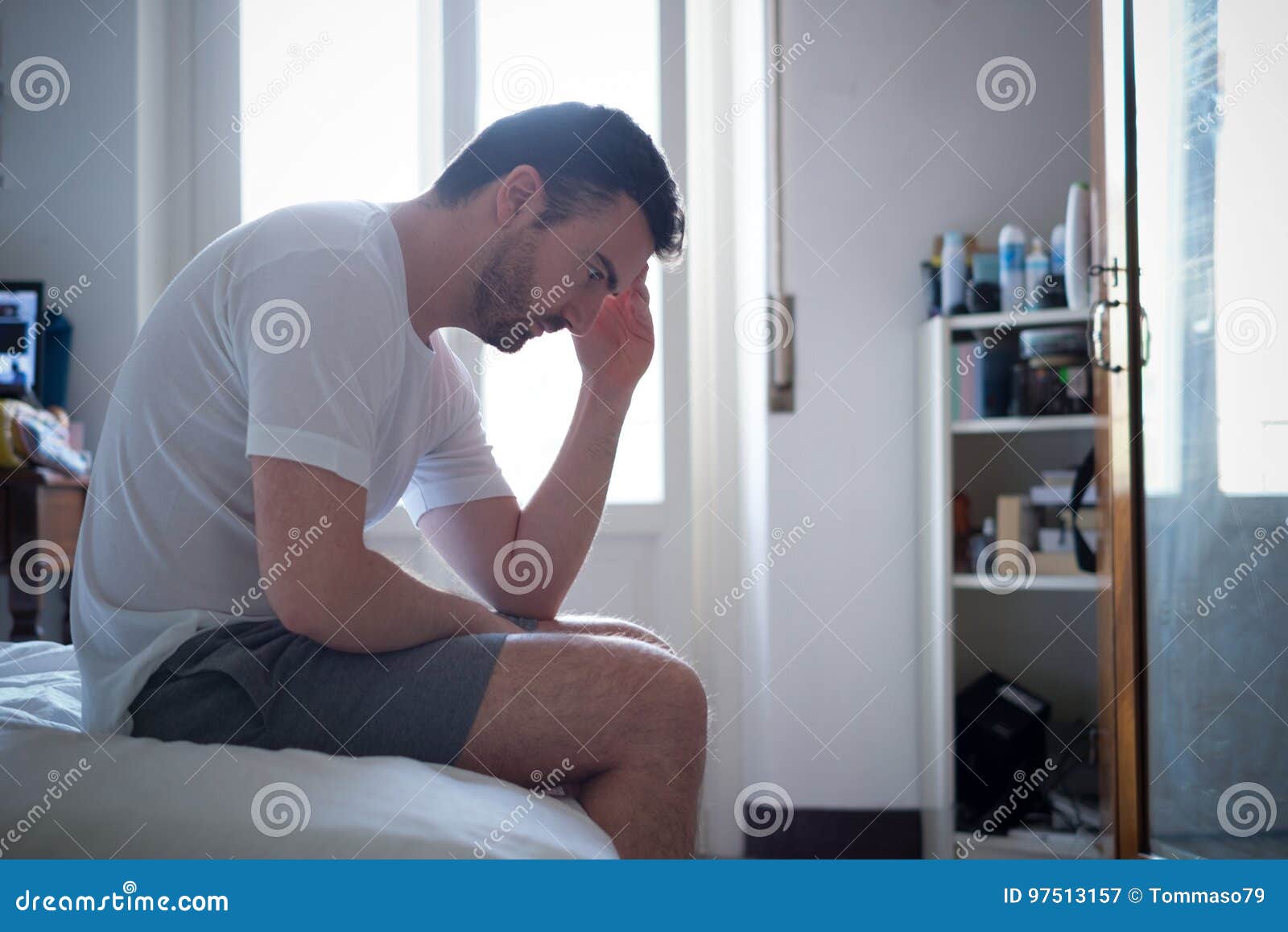 Sad and Upset Man Waking Up in the Morning Stock Image - Image of ...