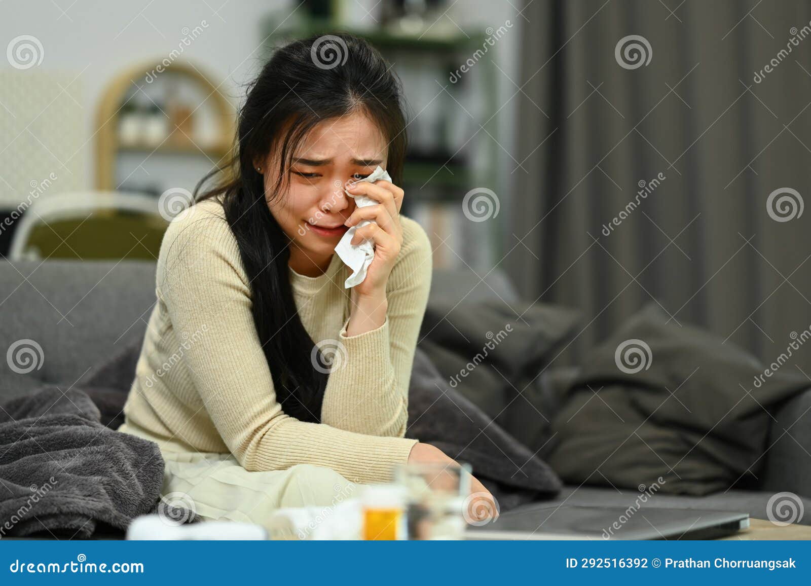 Sad, Upset Young Female Crying on Sofa, Frustrated by Problem with Work ...