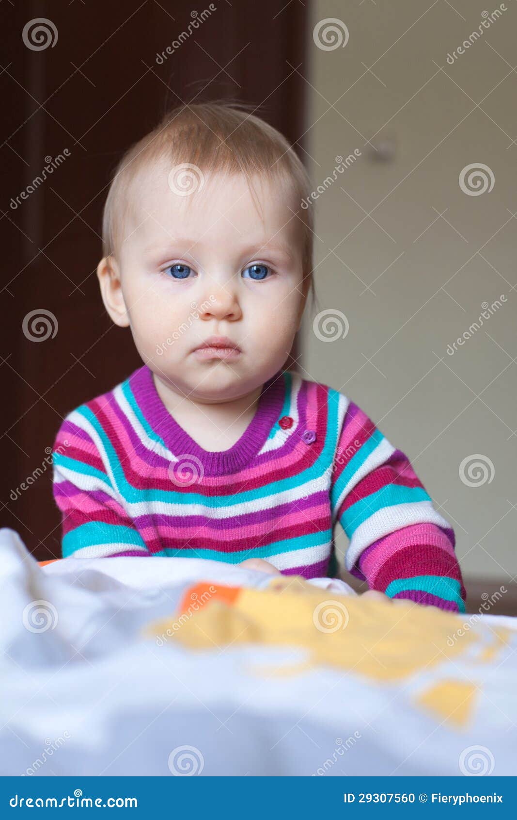 Sad and Very Serious Baby Girl Stock Photo - Image of closeup, striped ...