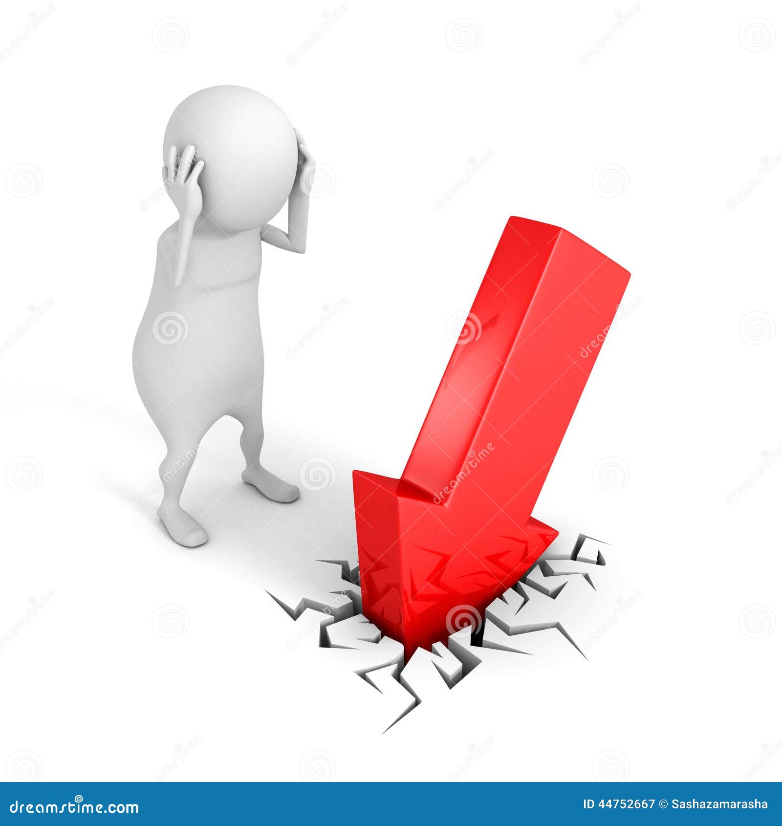 Sad White 3d Man with Red Falling Down Arrow Stock Illustration ...