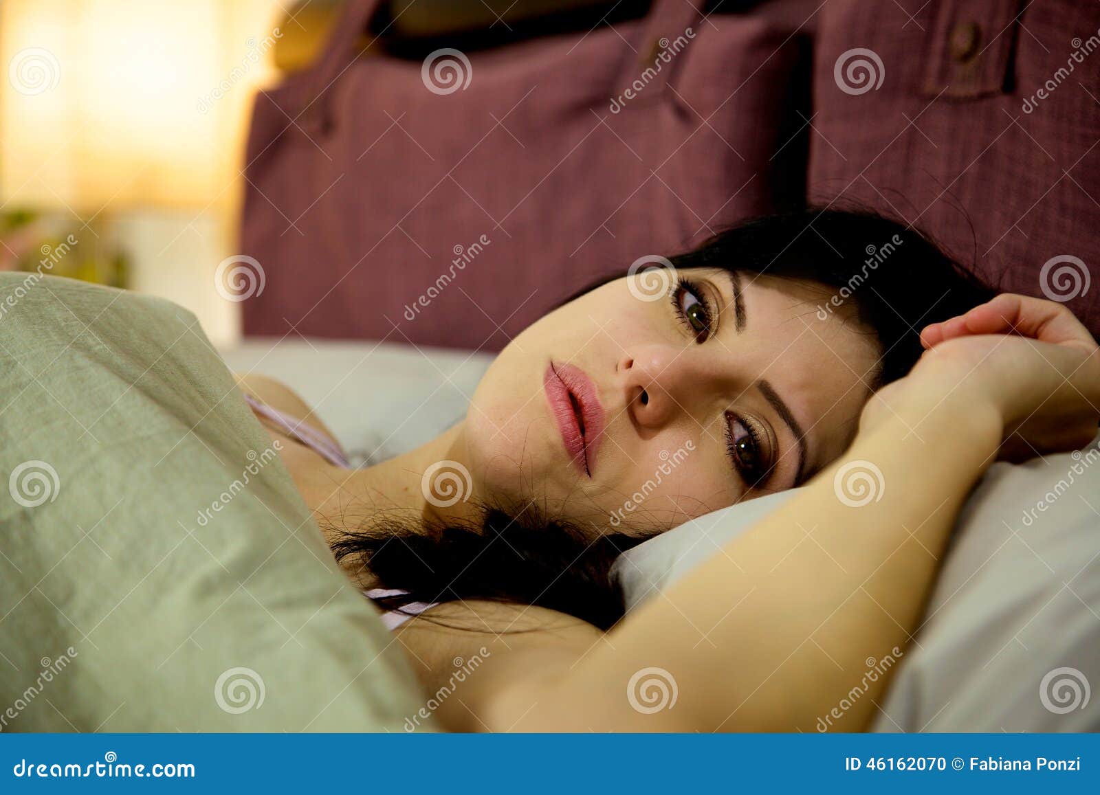 Sad woman in bed thinking stock photo. Image of caucasian - 46162070