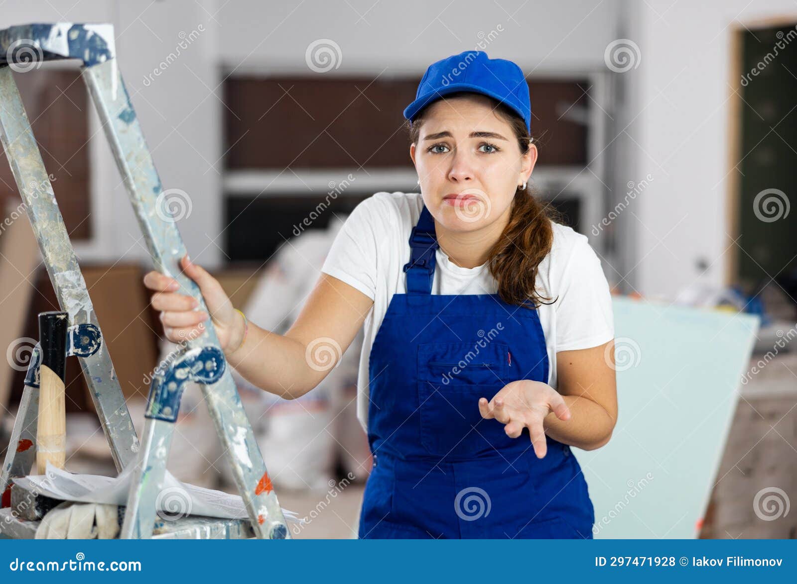 Sad Woman Builder Standing in Construction Site Stock Photo - Image of ...