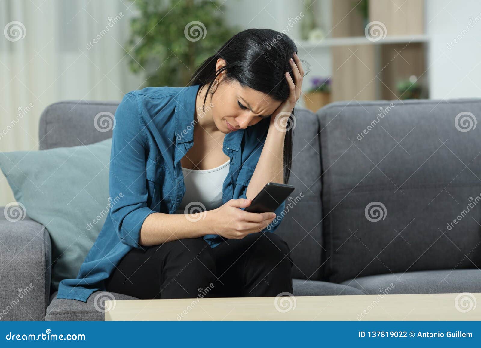 Sad Woman Checking Smart Phone Content Stock Photo - Image of female ...