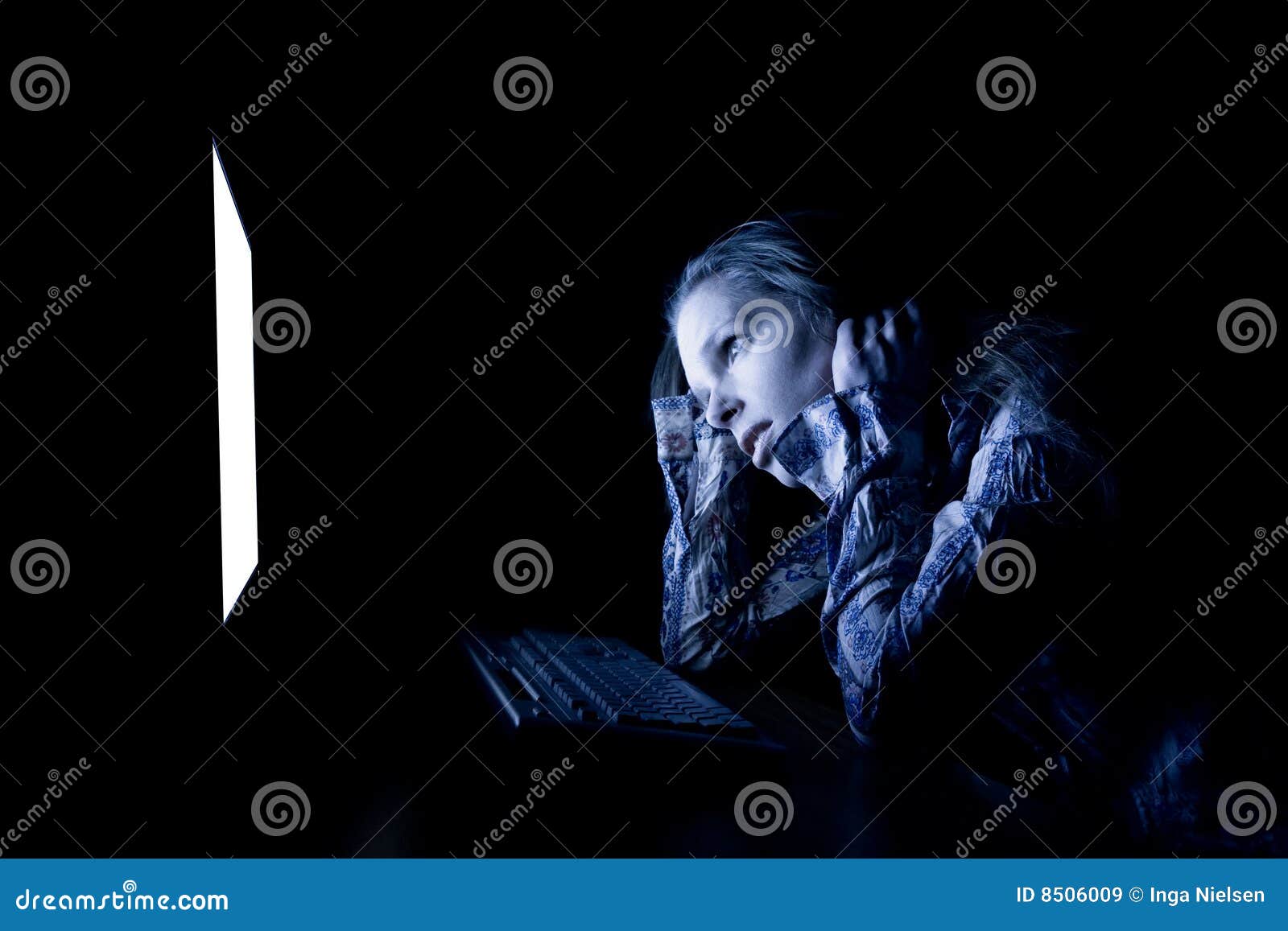 Sad woman on computer stock image. Image of woman, night - 8506009