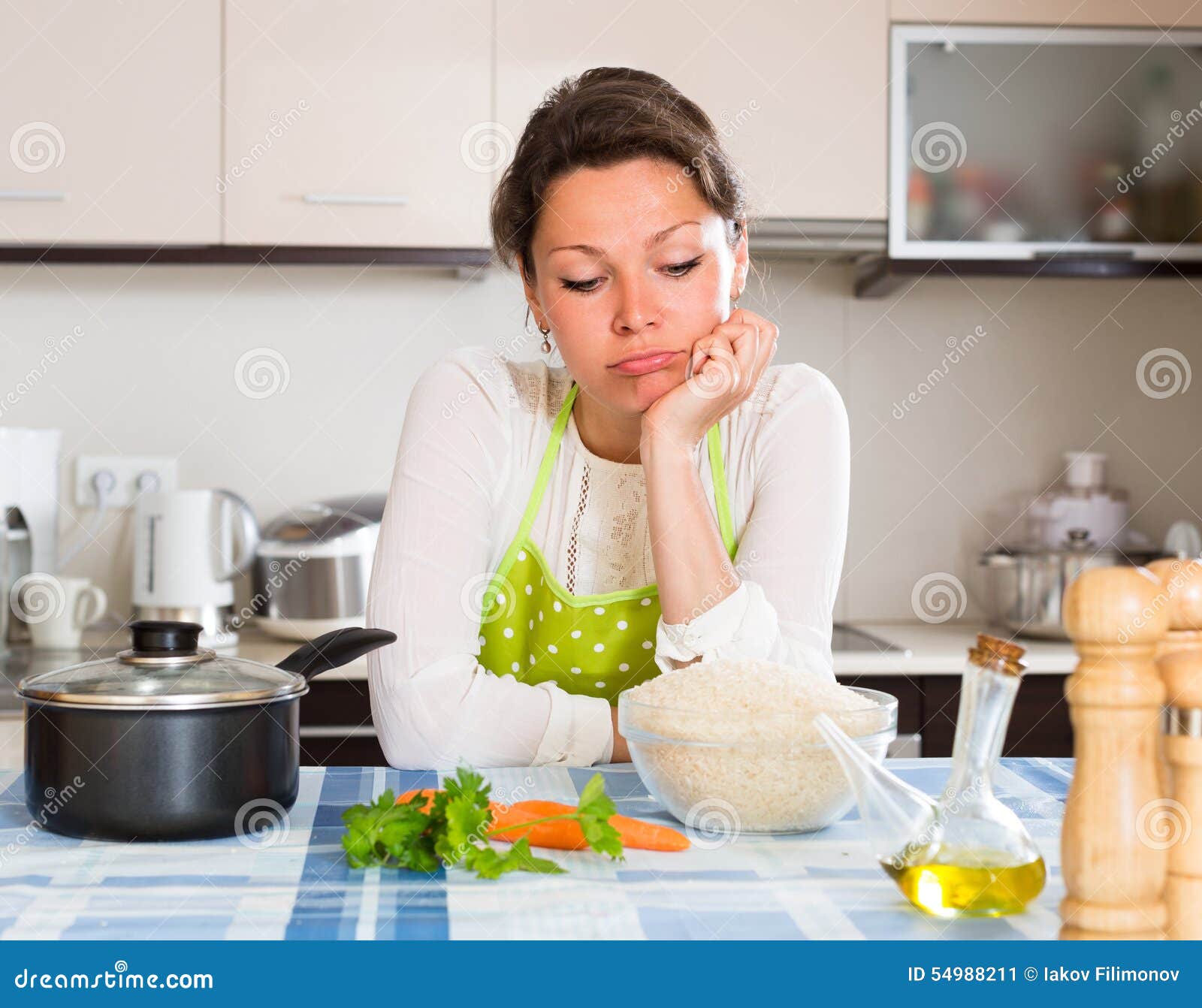 Sad Woman Cooking Rice in the Kitchen Stock Image - Image of preparing ...