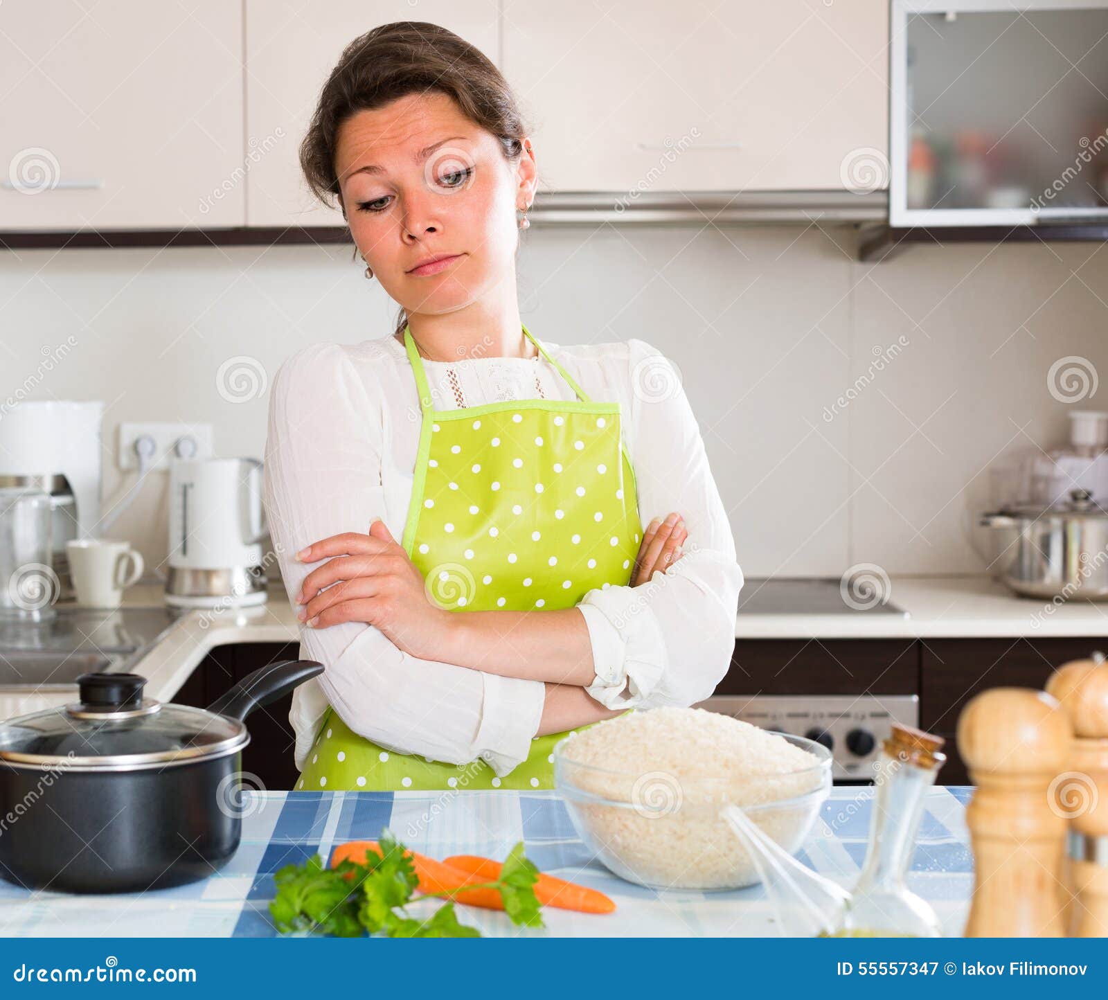 Sad Woman Cooking Rice in the Kitchen Stock Image - Image of domestic ...
