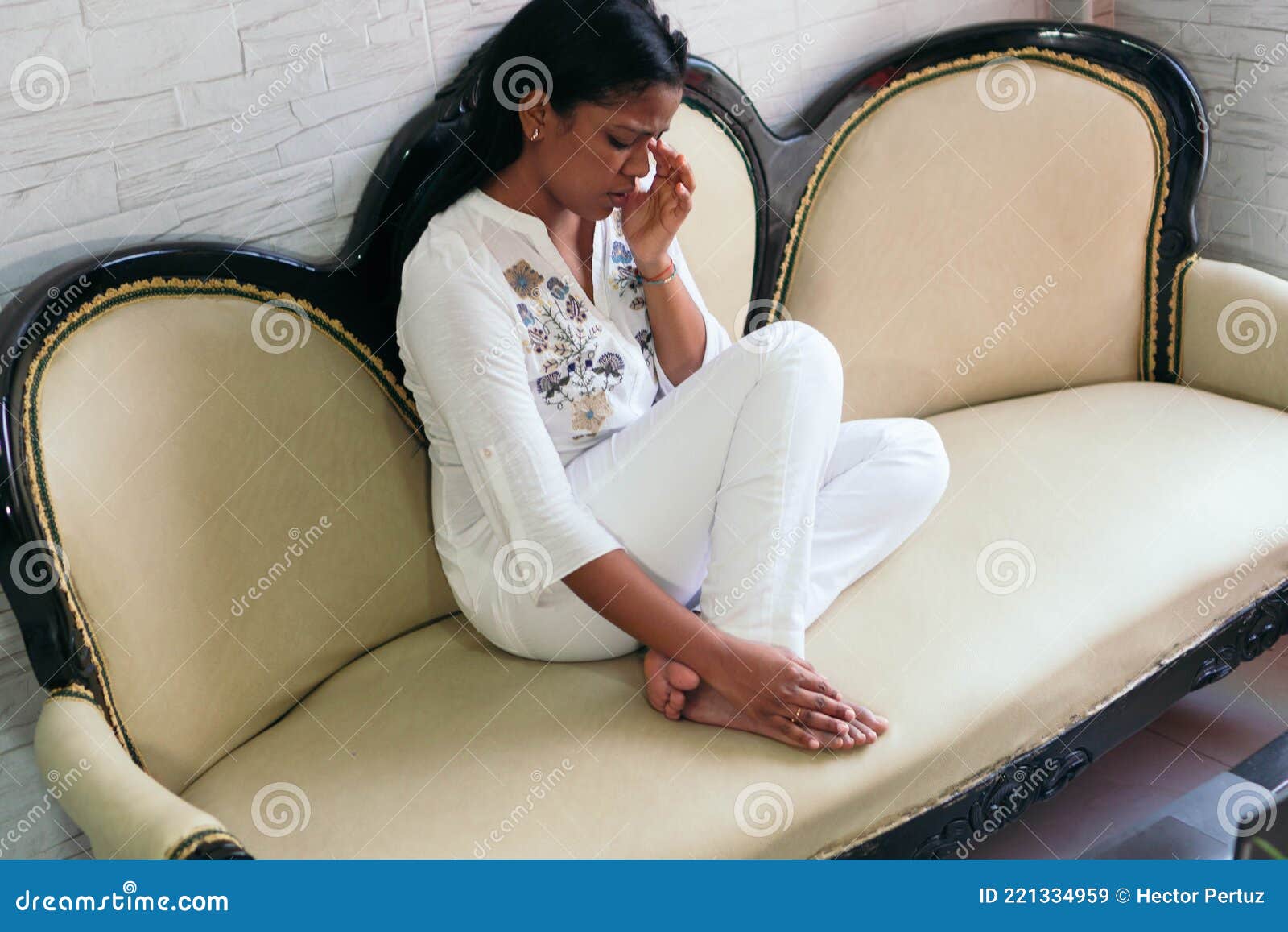 Woman Crying while Sitting on the Sofa at Home Stock Image - Image of ...