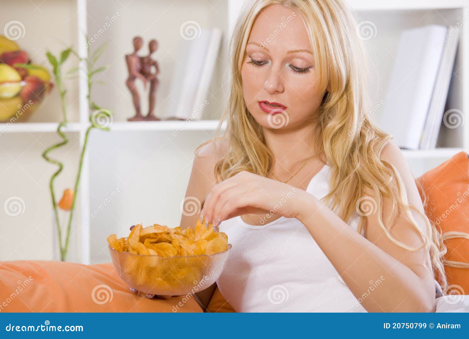 Sad Woman Eating Snacks at Home Stock Image - Image of face, eating ...