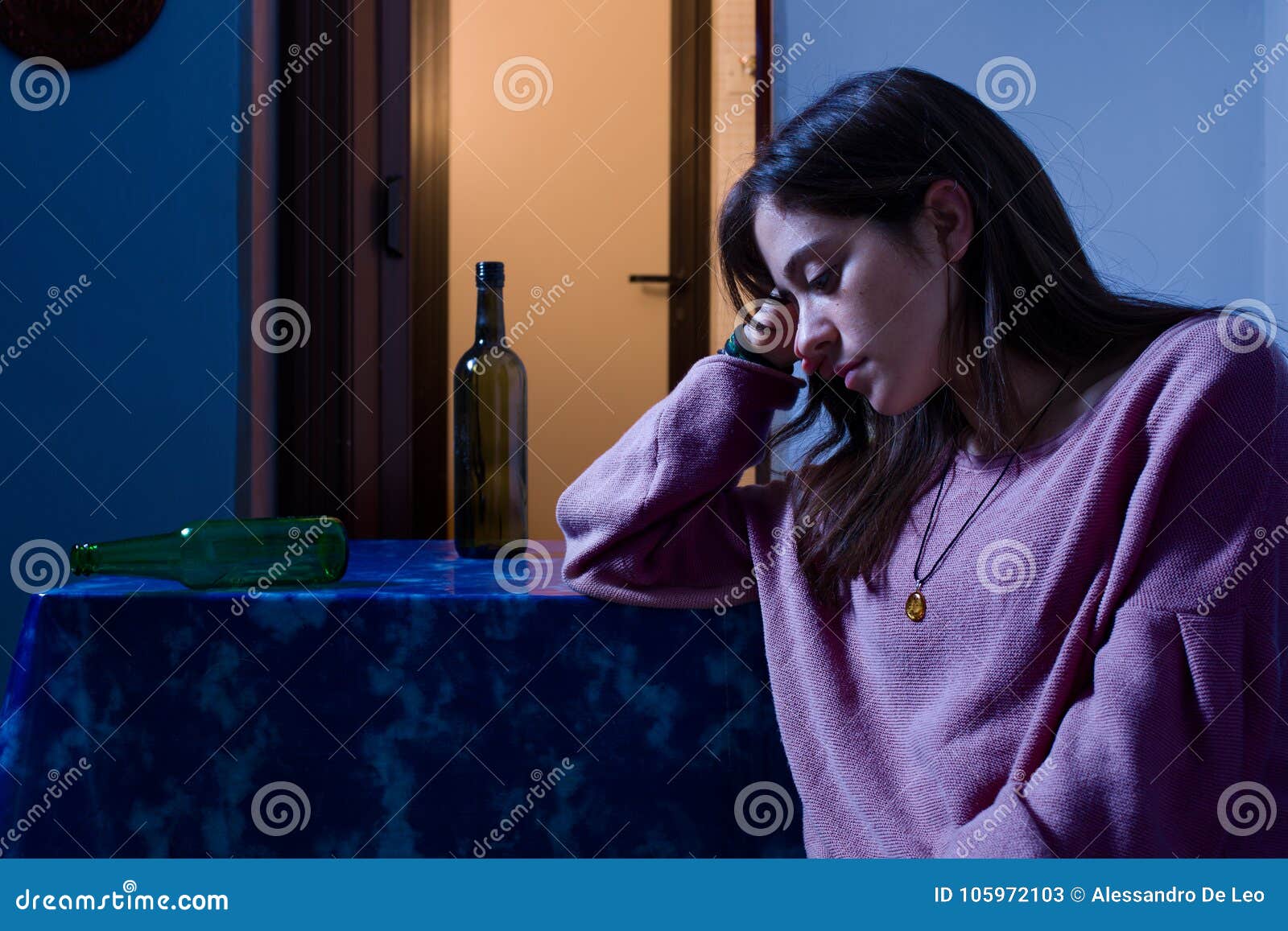Sad Woman with Empty Bottles Stock Image - Image of horizontal, orange ...
