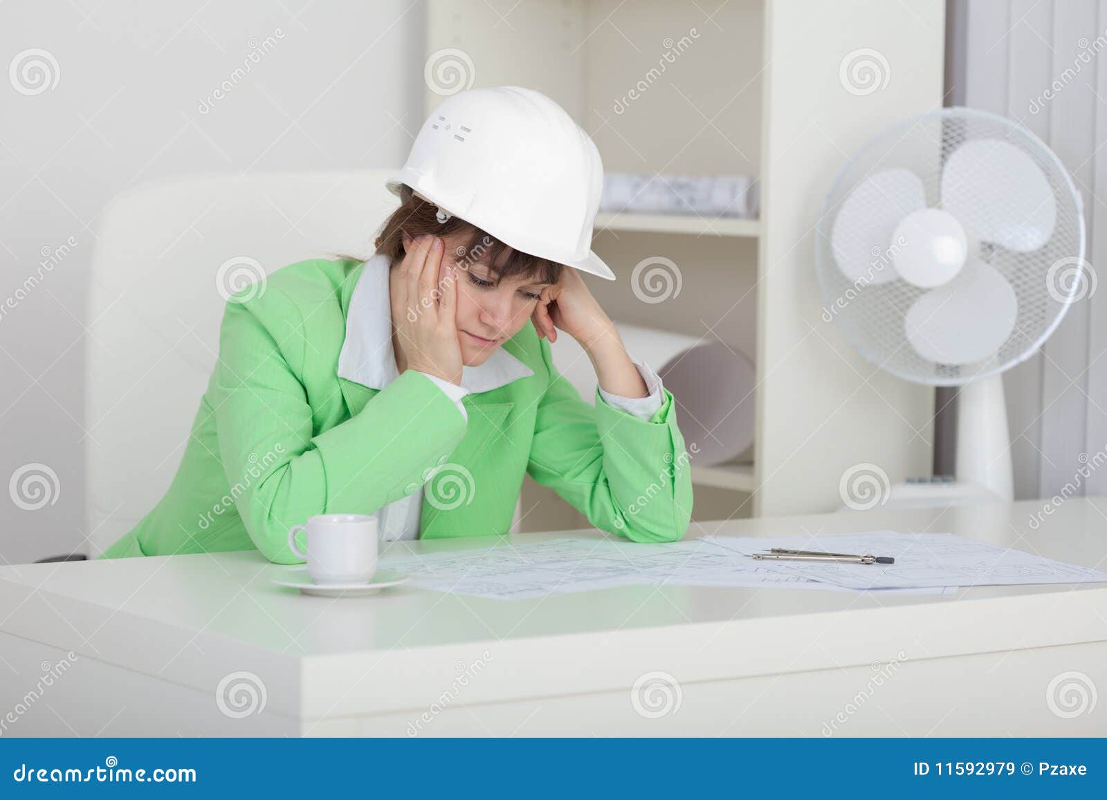 Sad Woman Engineer Sits at Table on Workplac Stock Image - Image of ...