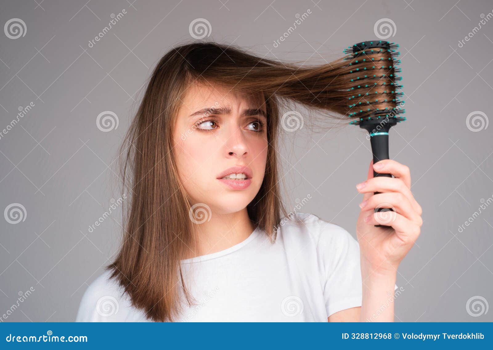 Sad Woman with Hair Loss Problem Worried about Hair Loss. Stock Photo ...