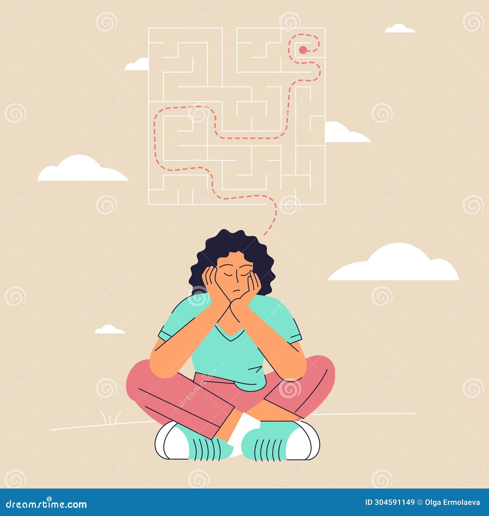 Sad Woman is Looking for Way through Maze Stock Illustration ...