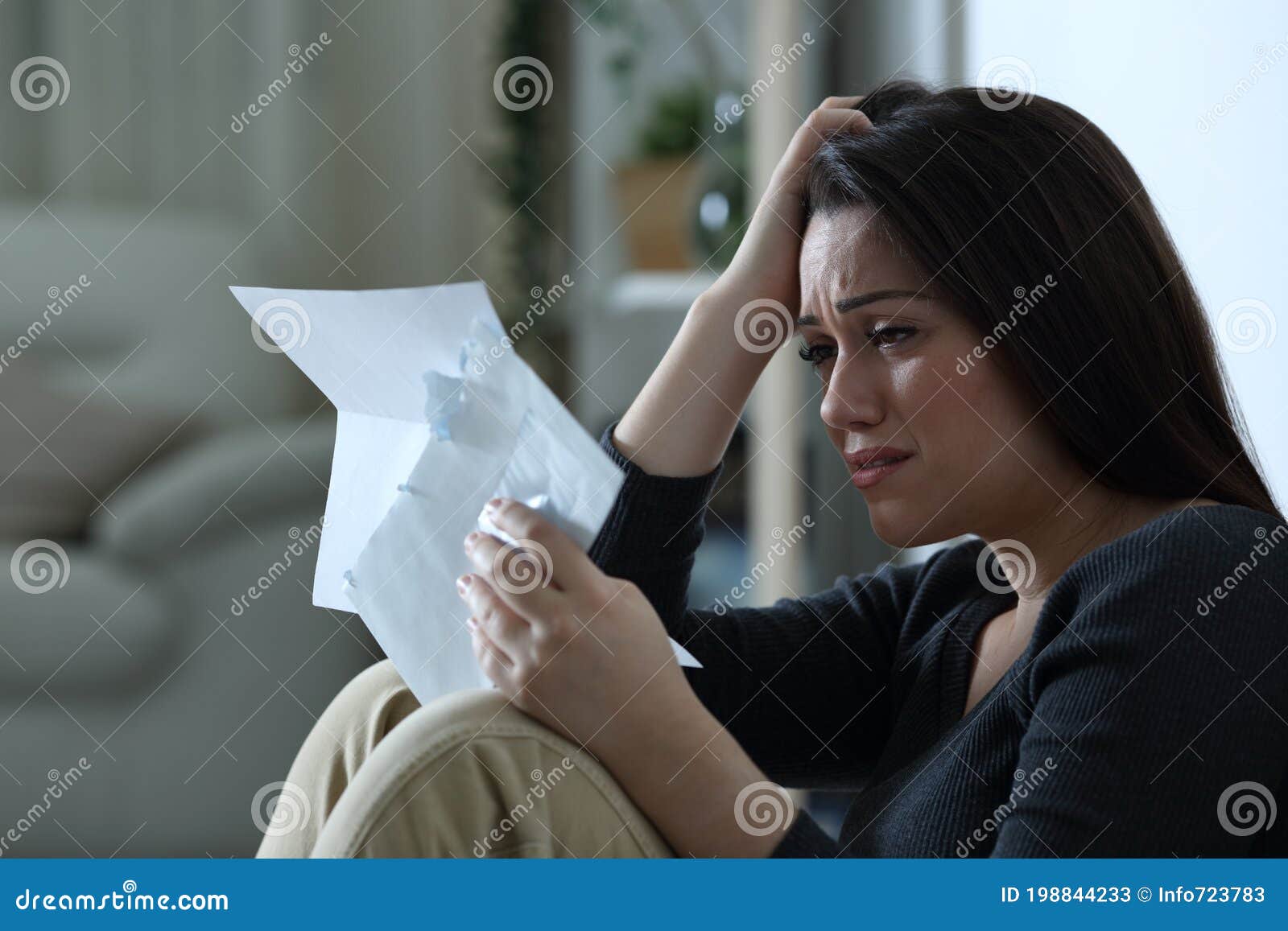 Sad Woman Reading a Letter Alone at Home Stock Image - Image of ...