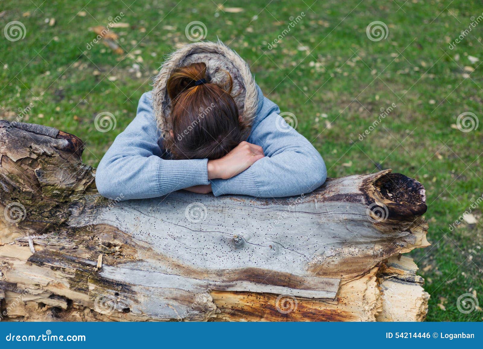 Sad Woman Resting on Tree Trunk Stock Photo - Image of nature, people ...