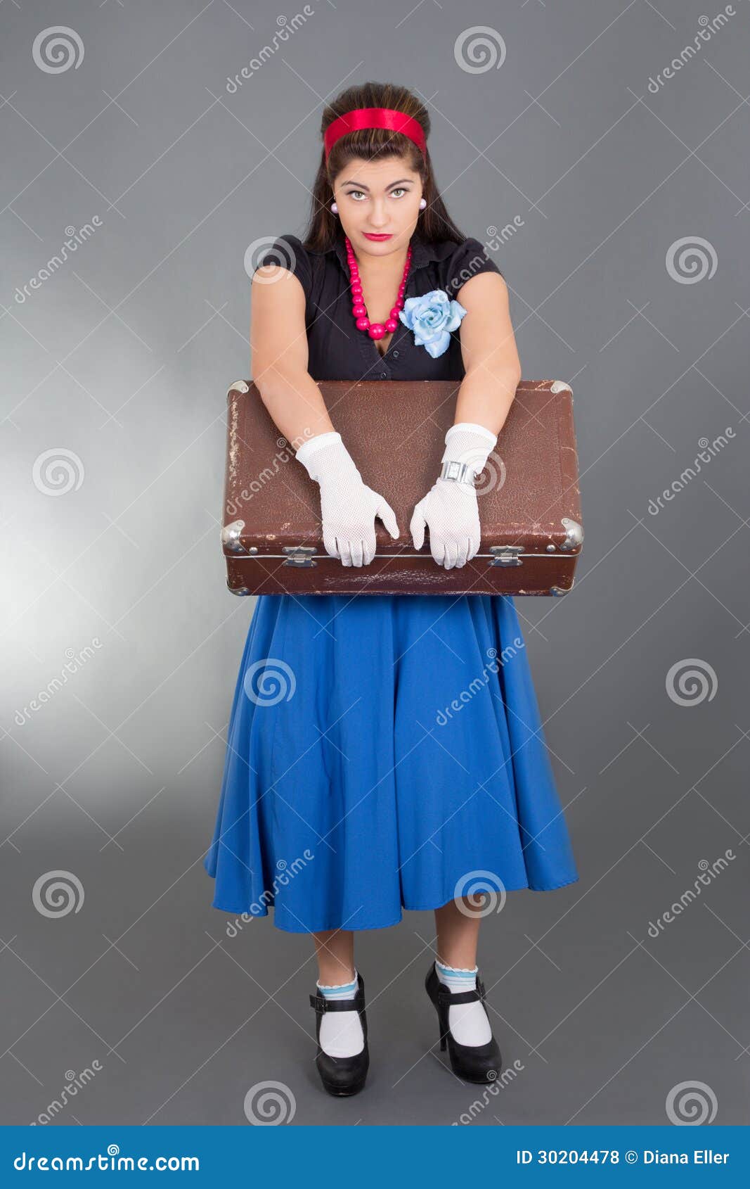 Sad Woman with Retro Suitcase Stock Photo - Image of brunette, beauty ...