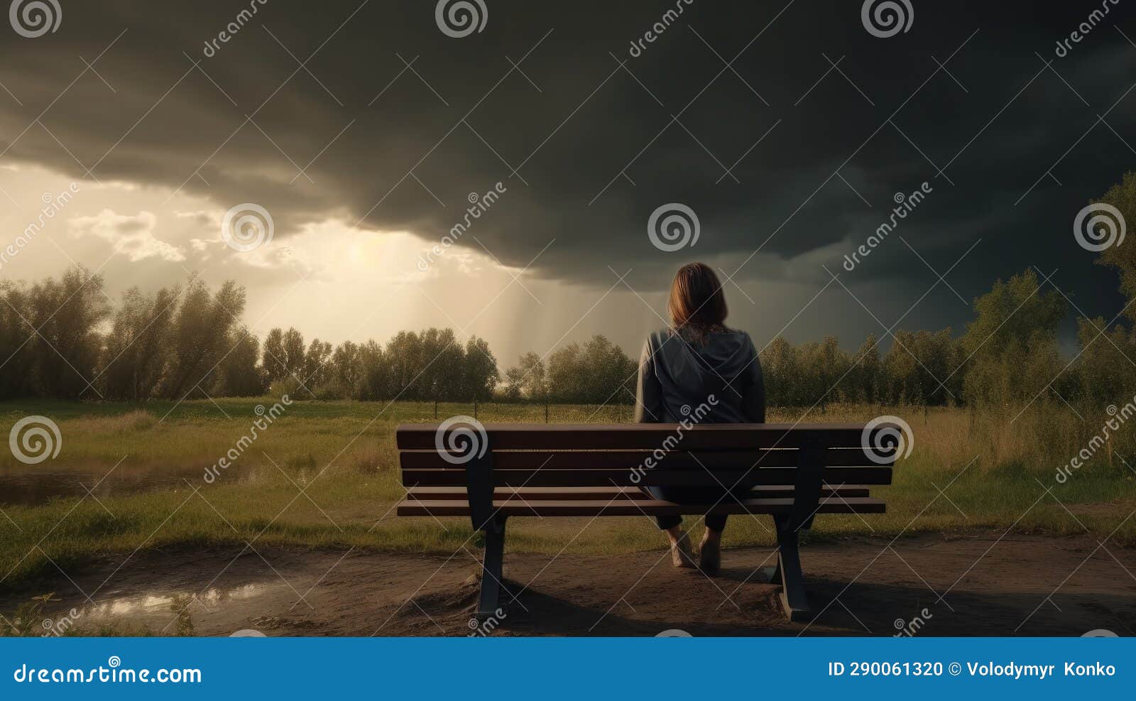 A Sad Woman Sits on a Bench and Looks at the Storm. Generative Ai Stock ...