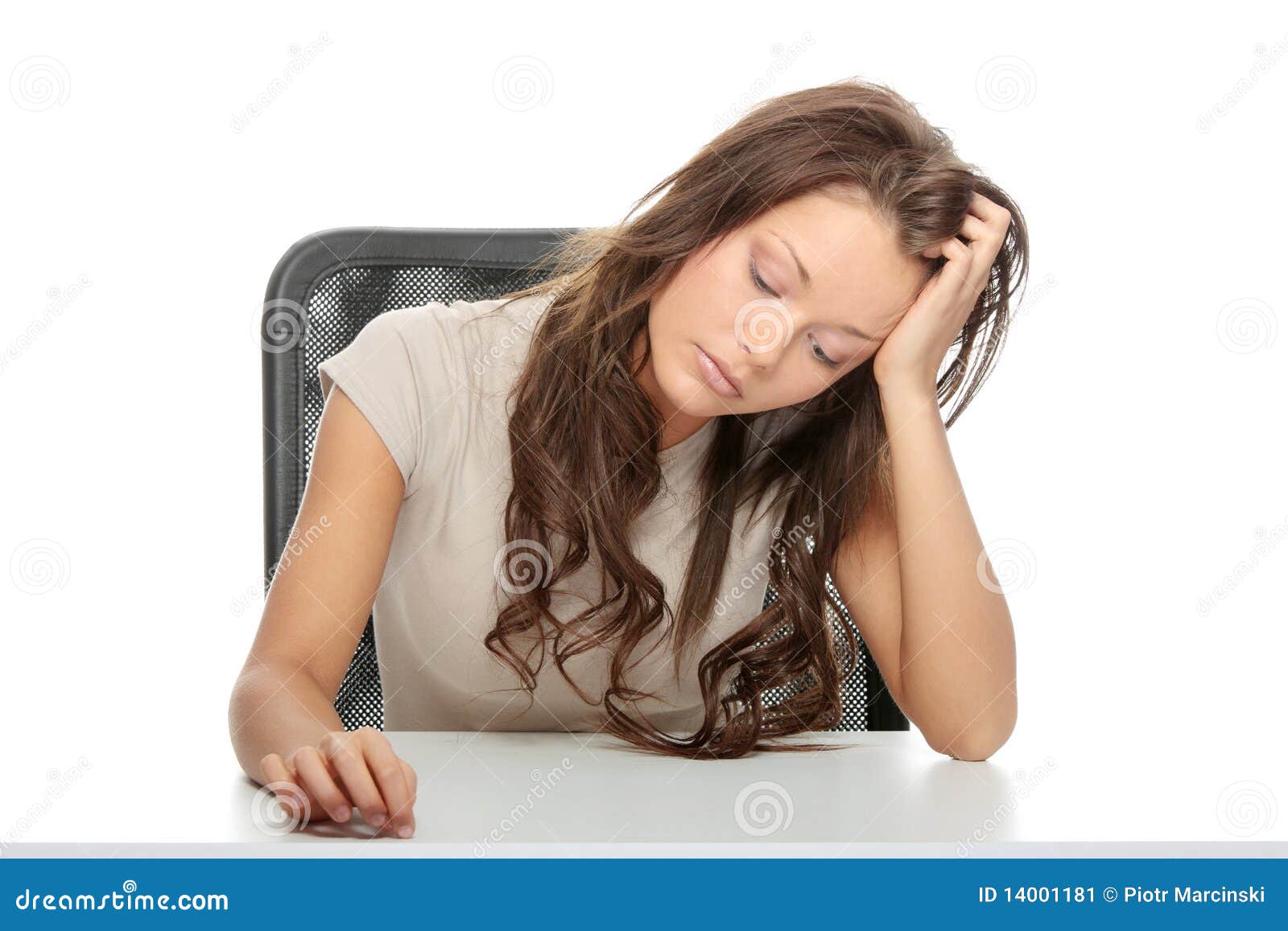 Sad Woman Sitting Behind the Desk Stock Image - Image of head ...