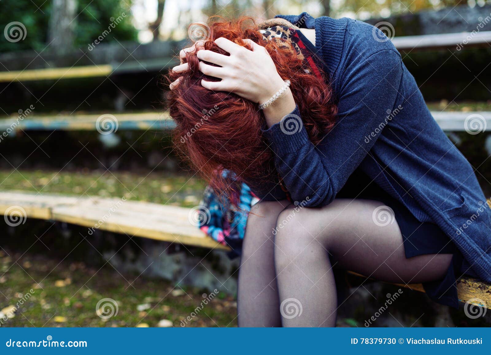 Sad Woman Sitting on the Bench in the Park Stock Photo - Image of ...