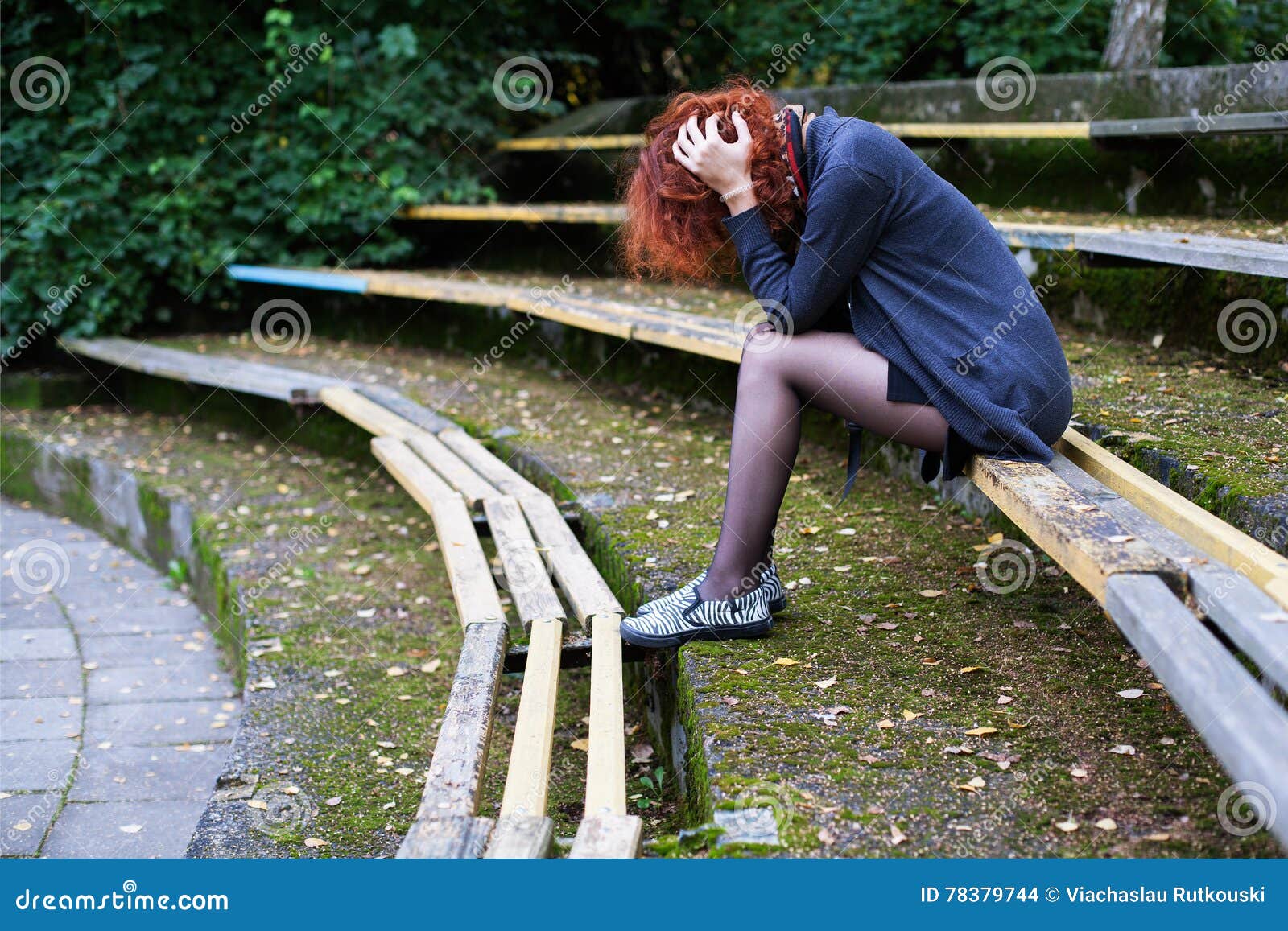 Sad Woman Sitting on the Bench in the Park Stock Photo - Image of ...