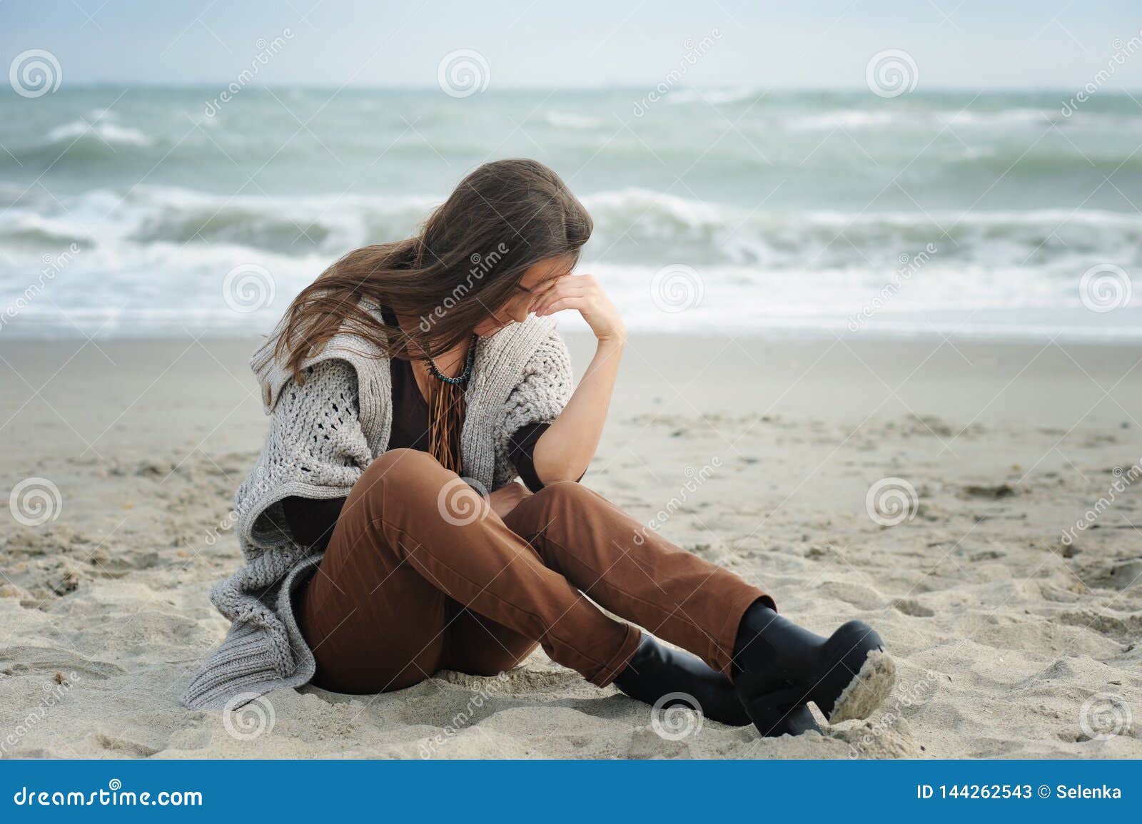 Sad Woman Sitting on a Sea Beach Stock Image - Image of people ...