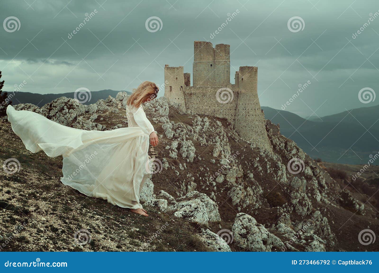 Sad Woman with Stone Castle in Background Stock Photo - Image of ...