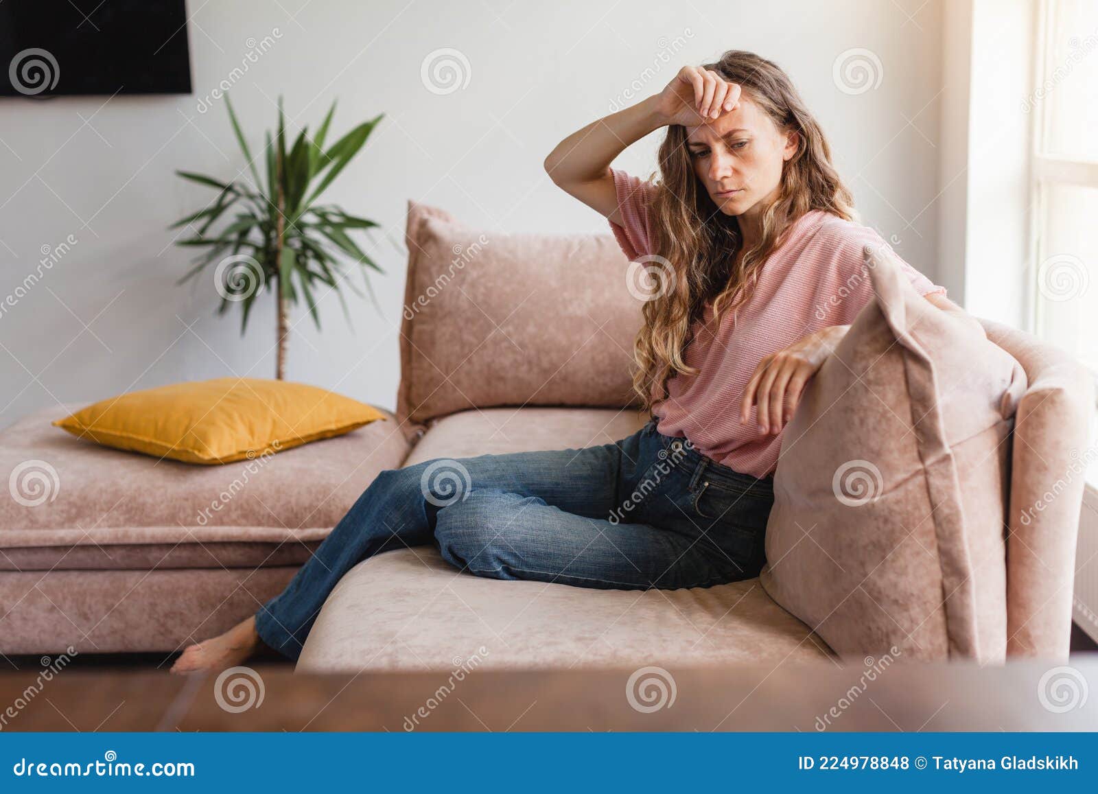 Sad Woman Thinking about Problem, Sitting Alone on Couch Stock Photo ...