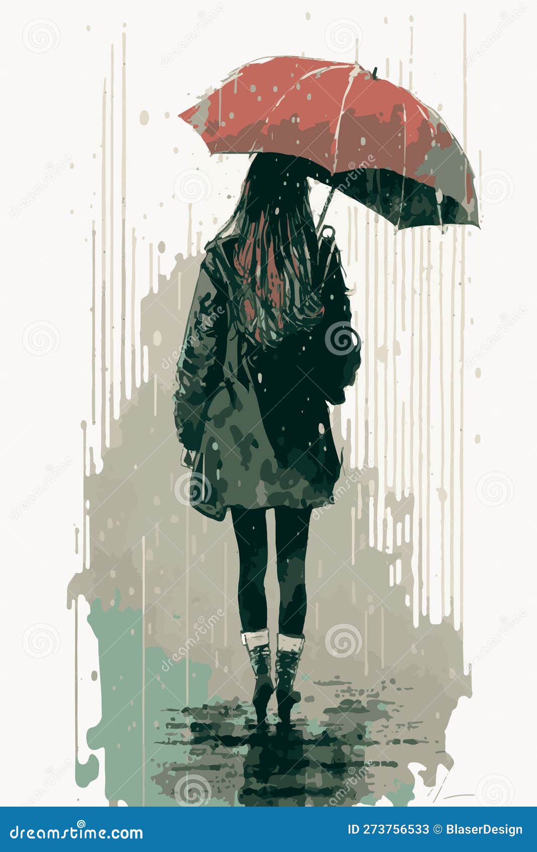 Sad Woman With An Umbrella Walking Under The Rain Vector Art Of