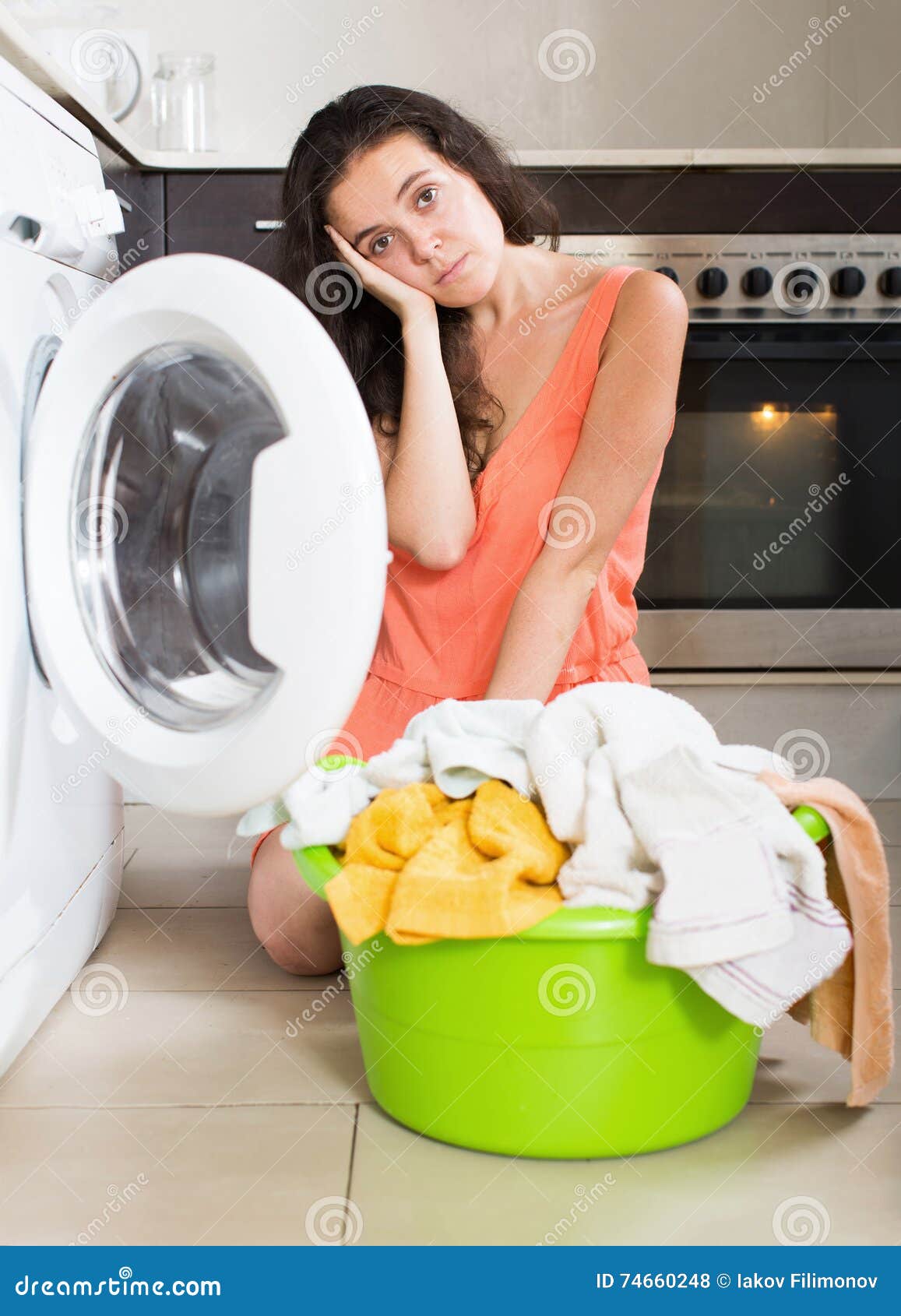 Sad Woman Using Washing Machine at Home Stock Photo - Image of working ...